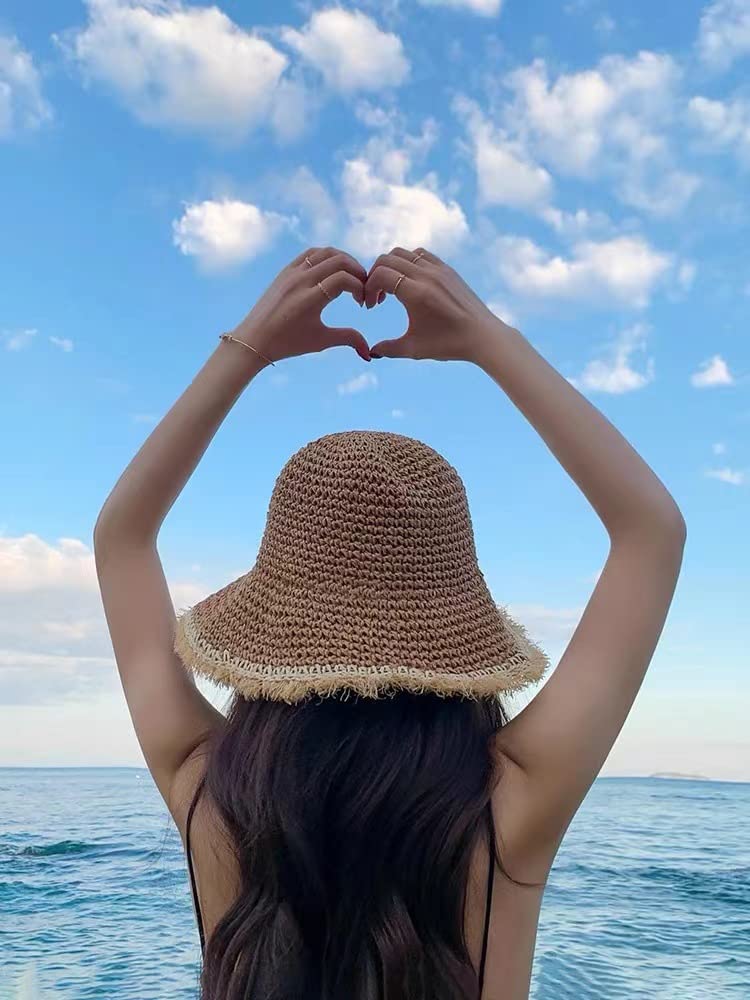 Womens Summer Frayed Straw Bucket-Sun-Hats Floppy Wide Brim Beach Straw Bucket Hat (Large/60cm) Khaki