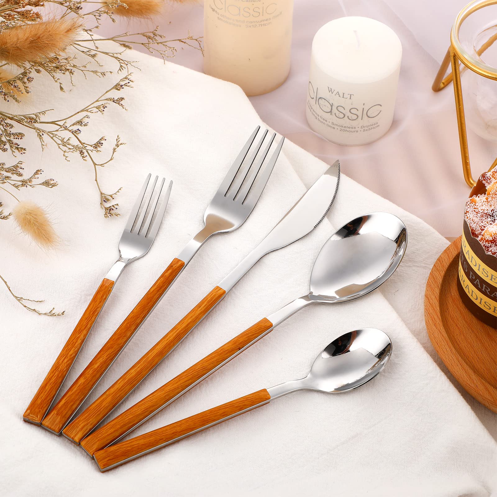 Wood Handle Silverware Set, Stainless Steel Cutlery Set with Imitation Wood Grain Handle Silver Mirror Polished Dishwasher Safe for Household Kitchen Utensils Restaurant Hotel Party (40)