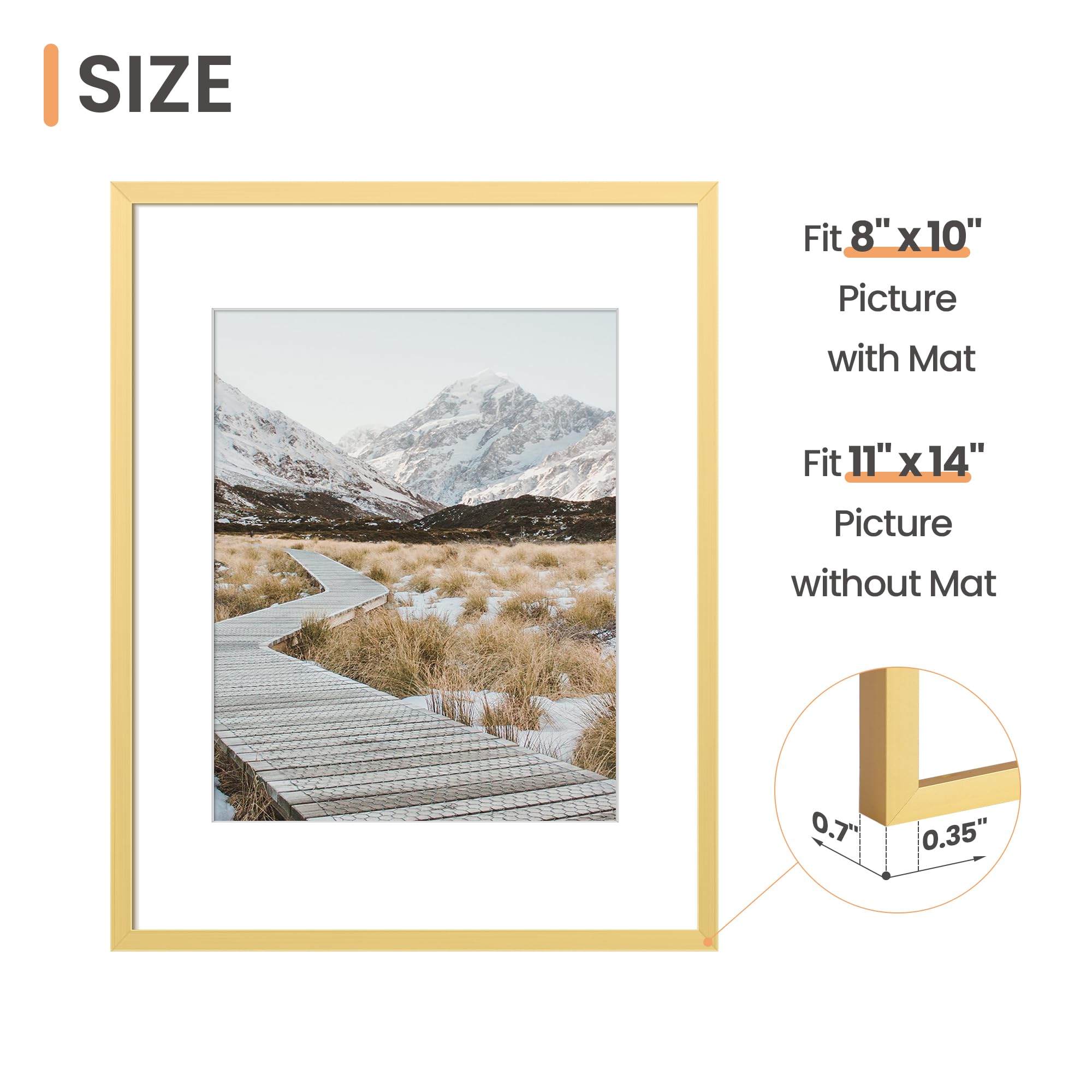 upsimples 11x14 Aluminum Picture Frame with mat for 8x10, Gallery Wall Decor Metal Photo Frames Set of 2, Gold