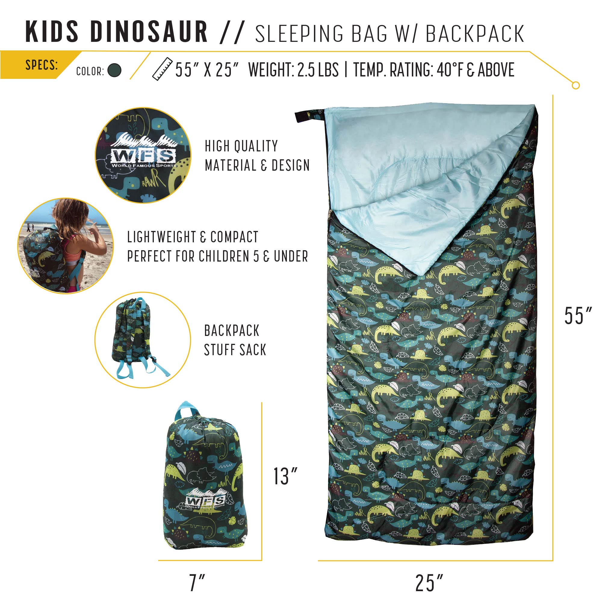 WFS Kids 55" x 25" Dinosaur 50 Degree Sleeping Bag with Backpack Stuff Sack, Green