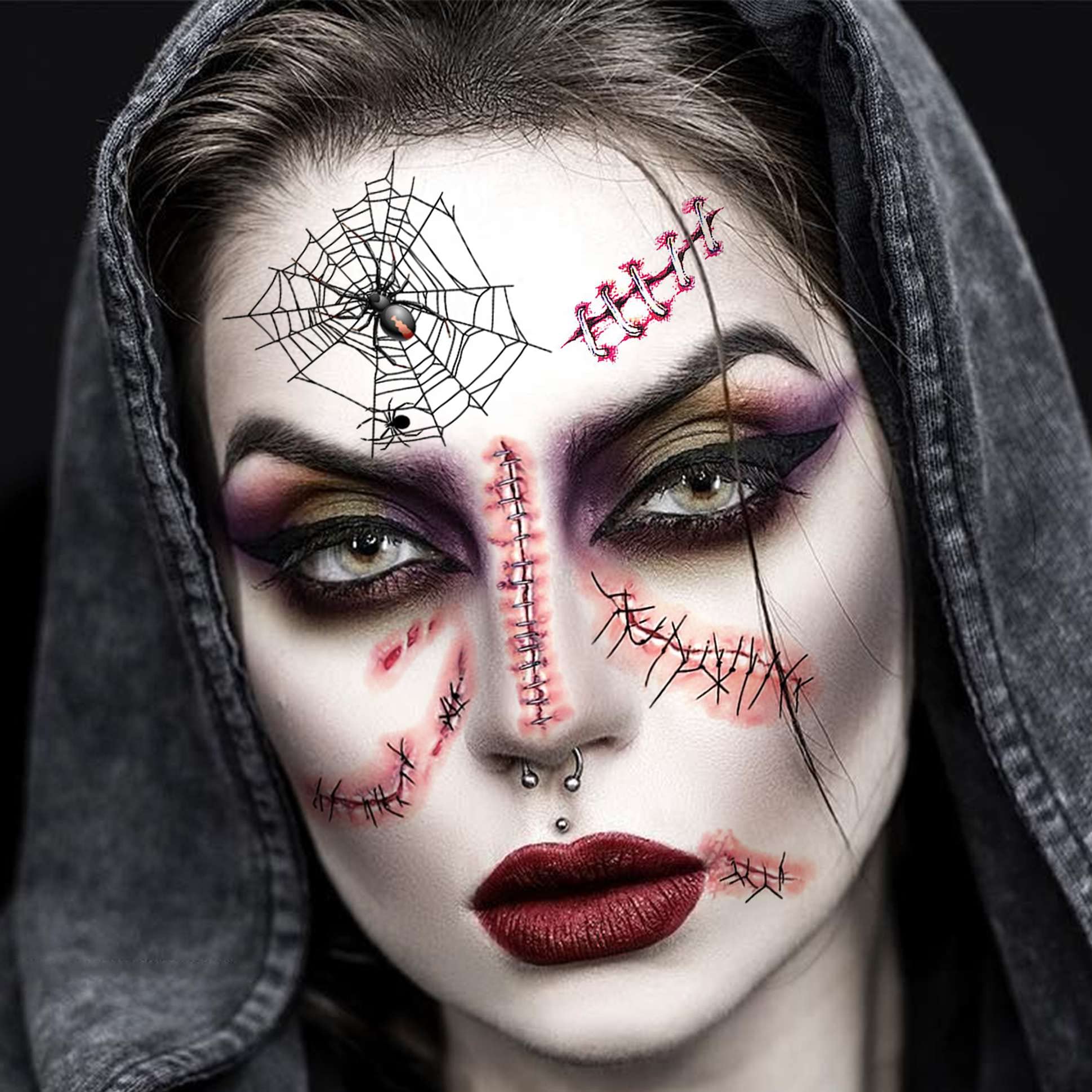 Yezunir 88+ Styles 18 Sheets 3D Halloween Temporary Tattoos For Kids Realistic Spider Web Bat Witch Pumpkin Fake Scars Tattoos Sticker Zombie Halloween Makeup Kit Women Men Adults Face Stitches Wound