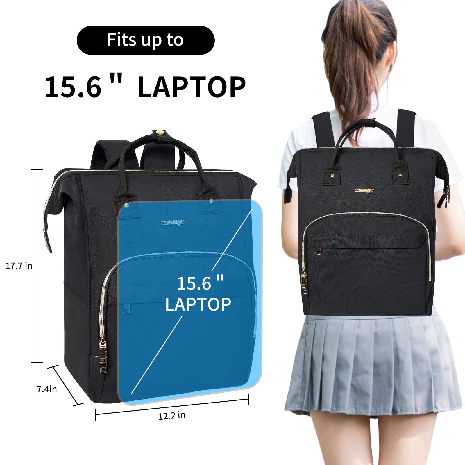 ZIRANYU Large Travel Backpack for Women, 15.6 Inch Laptop Backpack, Computer Work Bag, Waterproof Business Backpack, Nurse Teacher Backpack with USB Port, Black