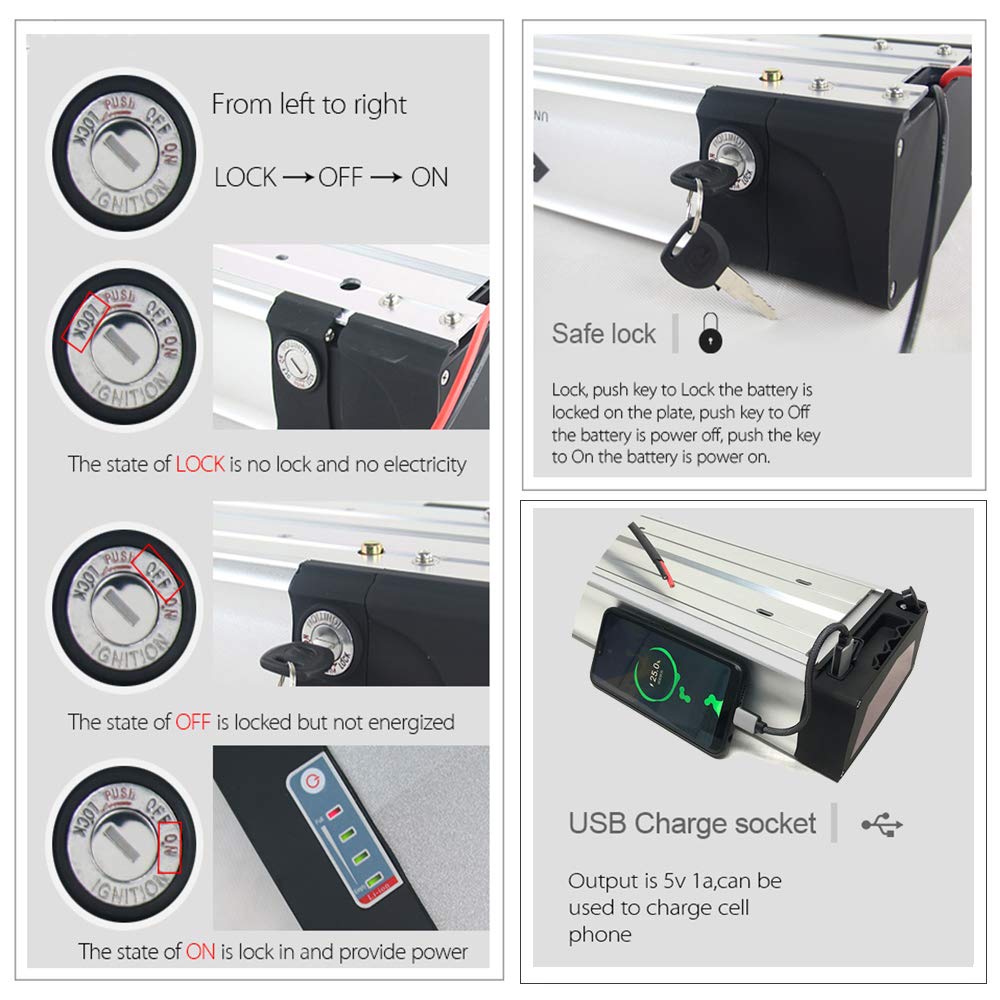 Yasco (US Warehouse) 48v 20Ah Ebike Battery with Rear Rack, Removable Large Capacity Lithium Battery Pack for 500w/750w/1000w Electric Bicycle Conversion Kit