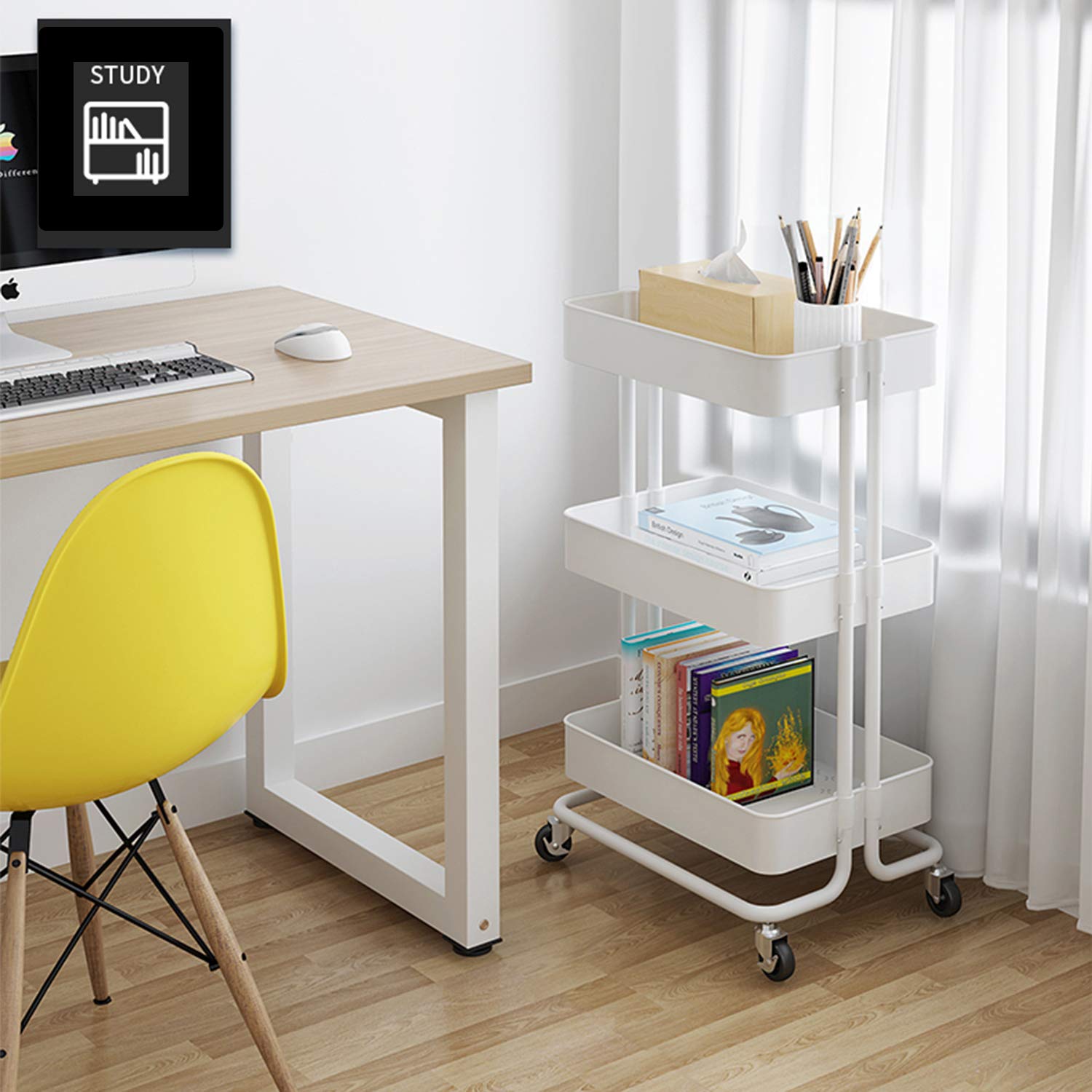 walsport 3-Tier Metal Mesh Rolling Cart Storage Organize Utility Cart for Kitchen Bathroom Home Office, White