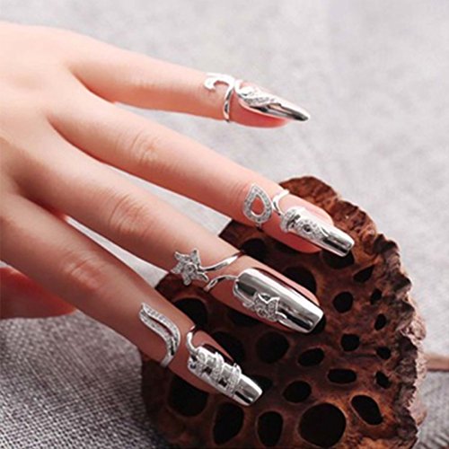 ZZ Lighting Creative Finger Tip Ring Sterling Silver Fingernail Ring Exquisite Nail Art Charms Fashion Accessories Nail Decoration Sterling Silver Nail Ring (A+B+C+D)