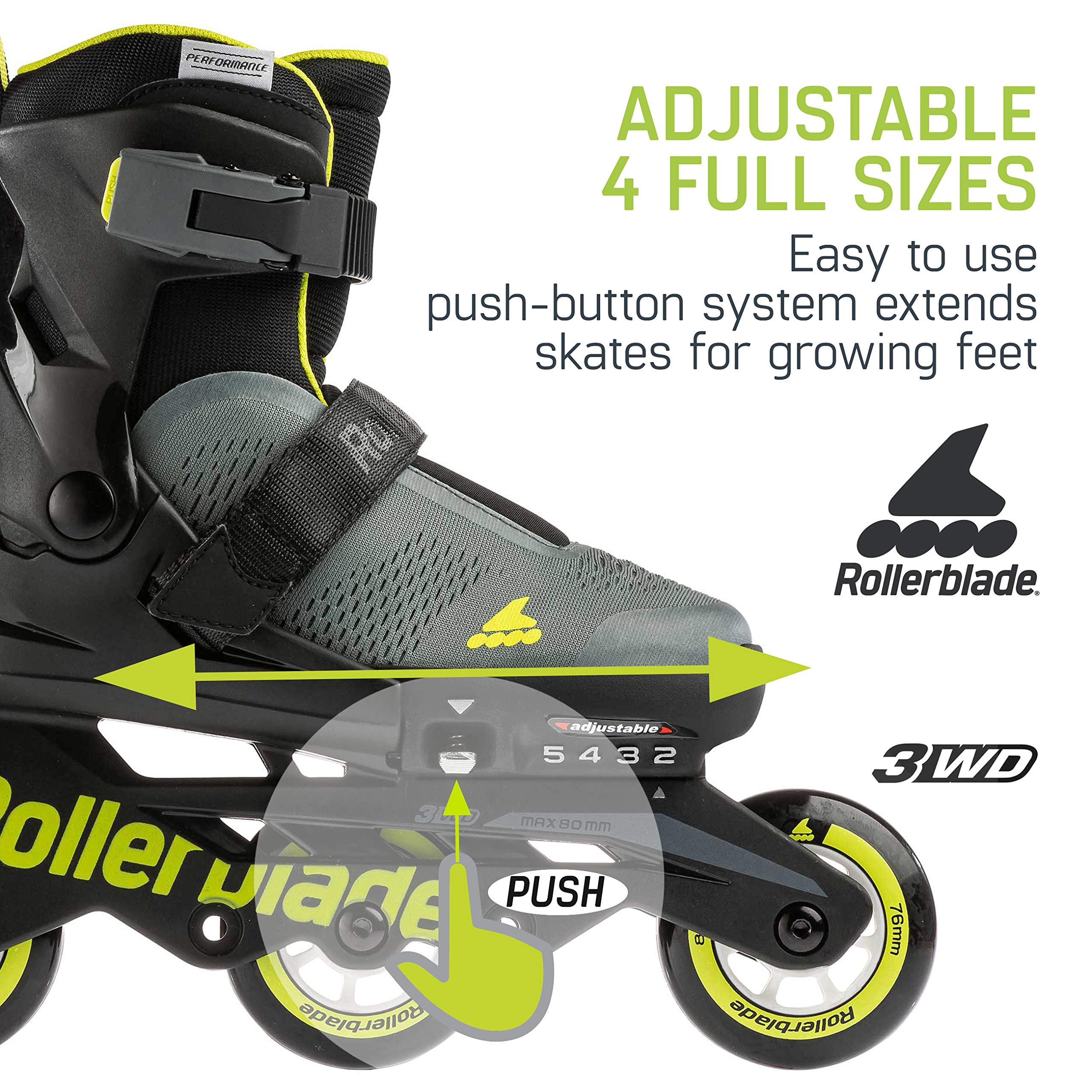 Rollerblade Microblade Free 3WD Kid's Size Adjustable Inline Skate, Anthracite and Lime, High Performance Inline Skates, ANTHRACITE/LIME, kid 5-8
