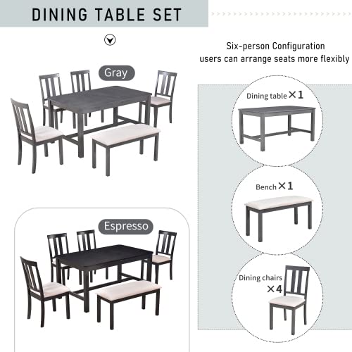 TREXM Six-Person Rubber Wood & MDF Boards Dining Table Set Four Chairs A Bench Adjustable Table Length with Hidden Flip Leaves (Gray)