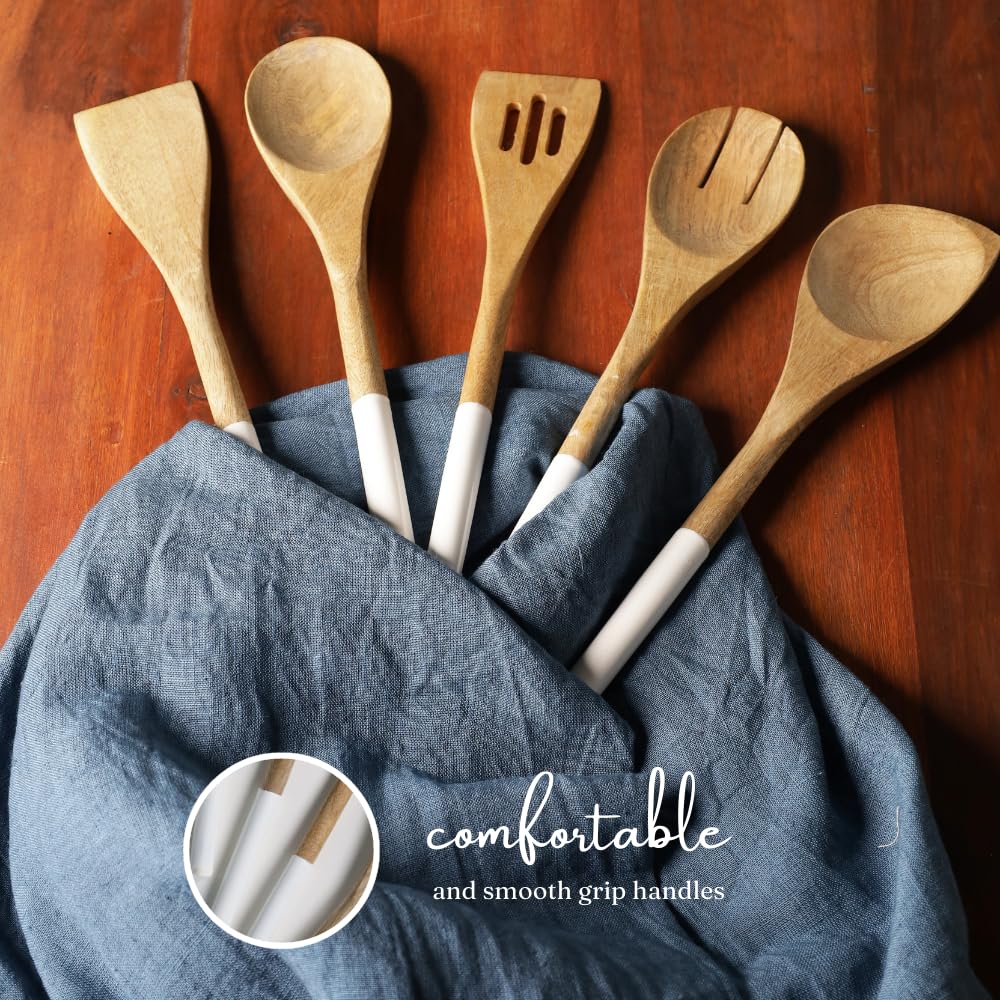 The Art Box Wooden Cooking Spoon Utensils Set of 5 - Kitchen Serving Tools Non-Stick Cookware12 Inch Wooden Fork, Corner Spoon, Slotted Turner, Spoon, Spatula For Baking, BPA Free, White