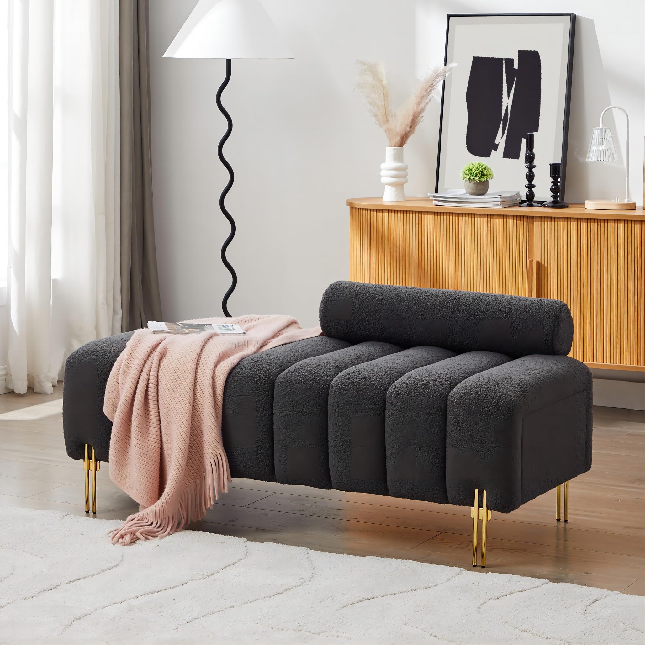WEI WEI GLOBAL Footstool Sofa - Upholstered Ottoman with Storage Compartments - Channel Tufted Storage Bench with Metal Trestle Legs - Footrest Ottoman with 2 Pull Out Drawers and Backrest - Beige