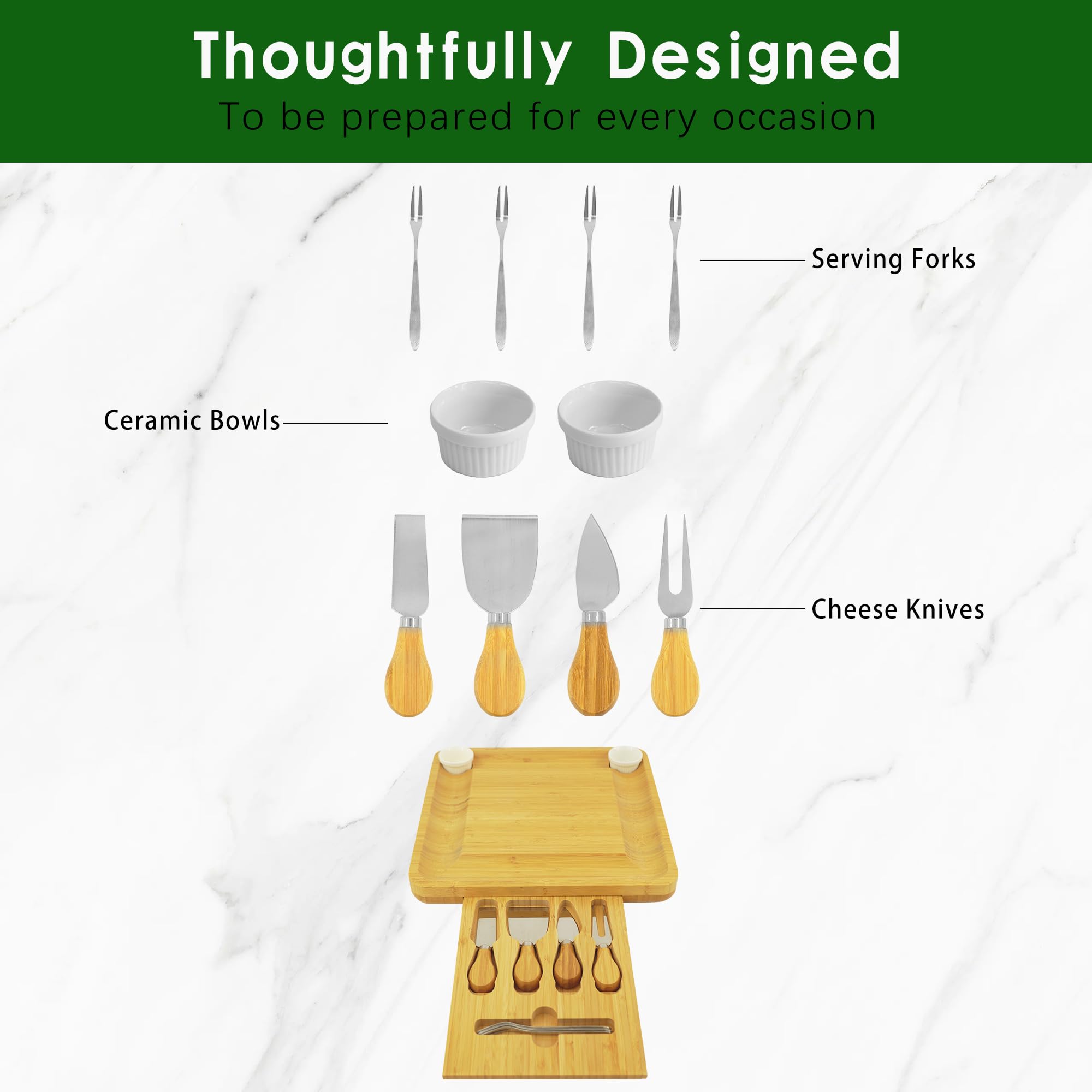 VaeFae Cheese Board and Knife Set, Bamboo Charcuterie Board with Magnetic Slide-Out Drawer and 2 Ceramic Bowls