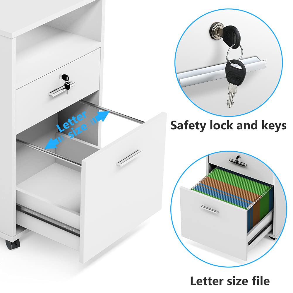Tribesigns 2 Drawer Mobile File Cabinet with Lock, Wood Modern Filing Cabinet for Letter Size, Printer Stand with Rolling Wheels and Open Storage Shelf (White)