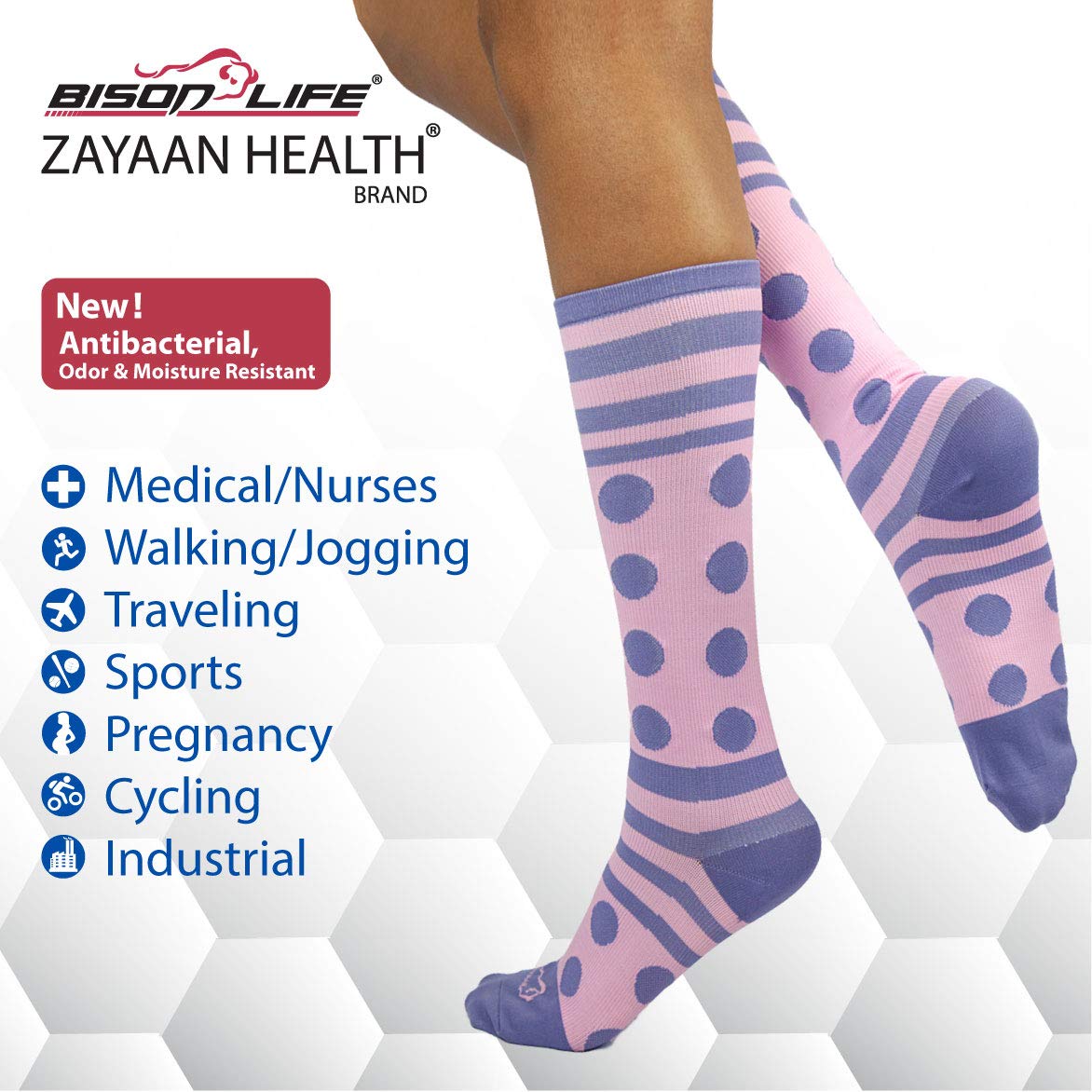 ZAYAAN HEALTH Dots & Stripes Compression Socks for Women (12-15 mm/Hg) | Circulation Socks for Muscle Recovery, Nurses, Running, Athletics, Cycling β Pink/Lilac