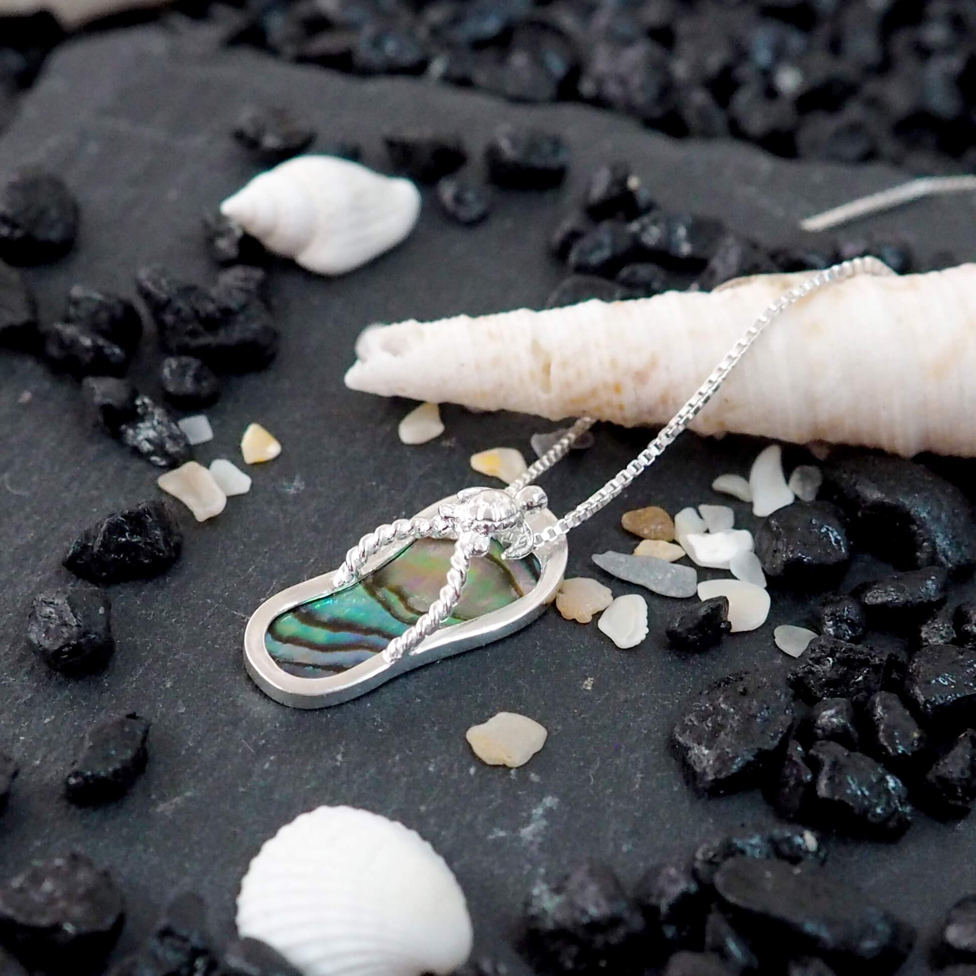 Sterling Silver Abalone Shell Slipper Flip Flop Pendant Necklace, 16+2" Extender