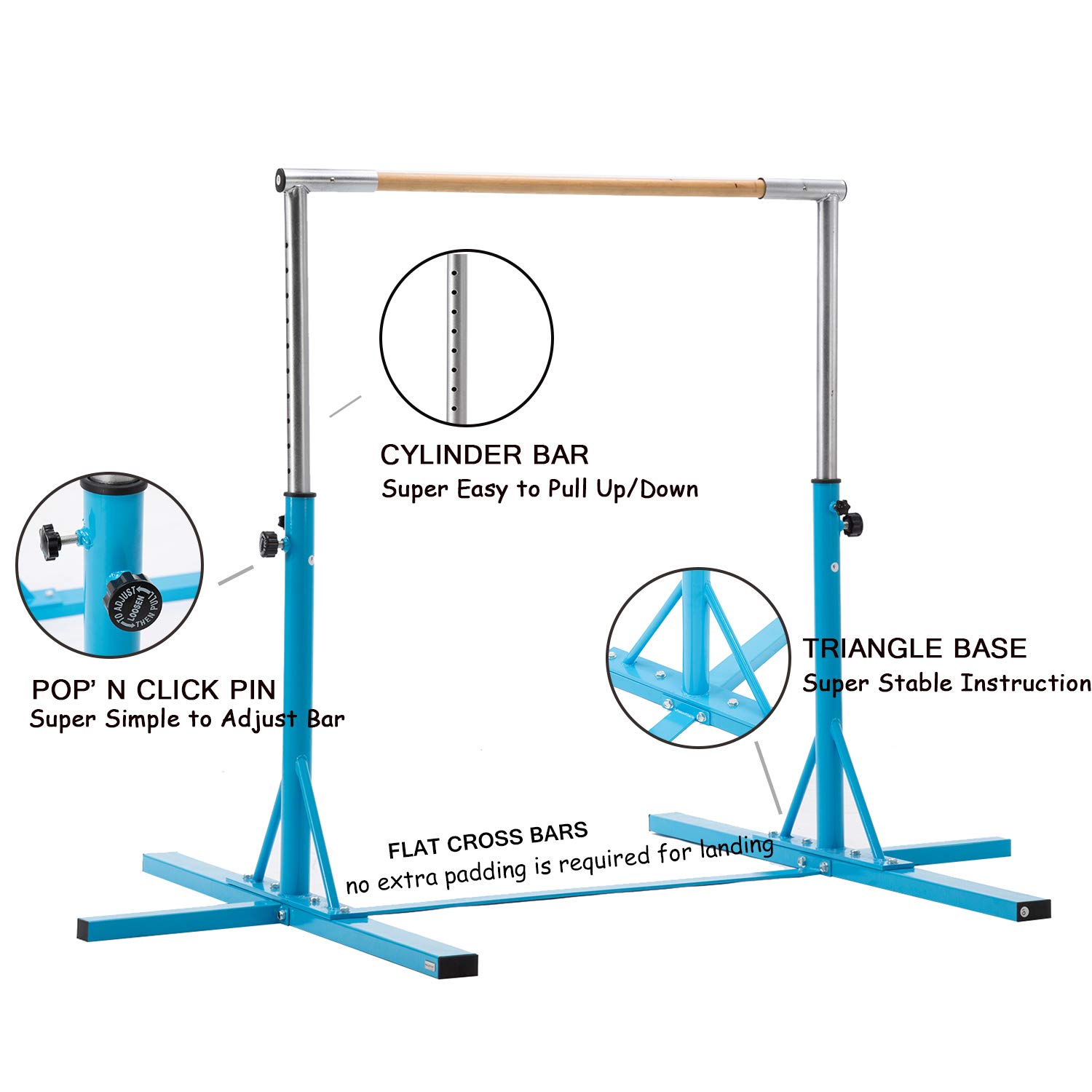 Usexport Blue Adjustable 3' to 5' Horizontal Bar Gymnastics Expandable Junior Training Bar