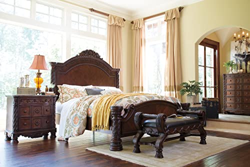 Signature Design by Ashley North Shore Ornate Faux Leather Upholstered Bedroom Bench, Dark Brown