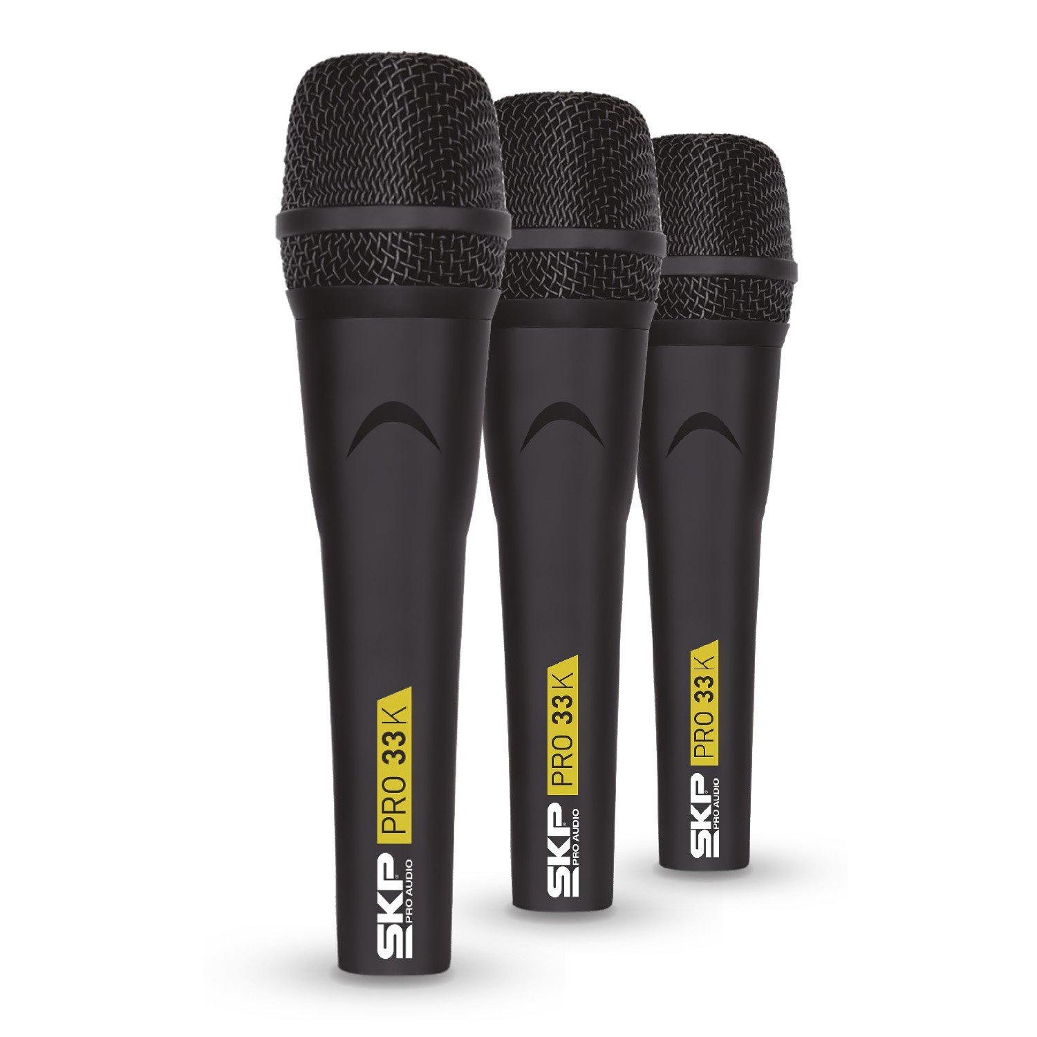 SKP Pro Audio Microphone for Singing, Concerts, Studio and Events - Professional PRO-33K Dynamic Cardioid 3 Microphones Kit - XLR Connectivity - Includes Mic Stand and Accessories