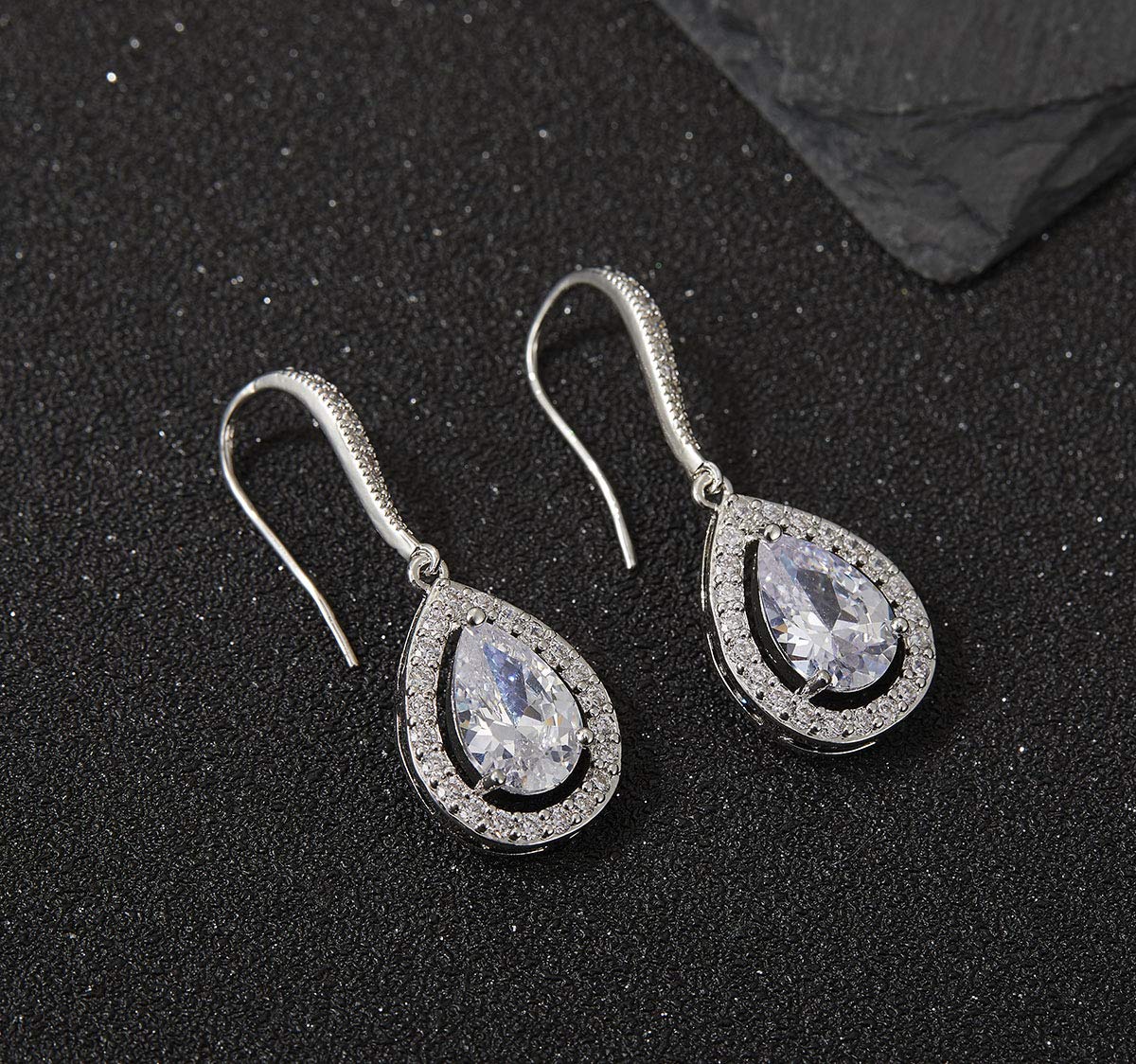 SWEETV Teardrop Wedding Earrings for Brides, Bridesmaids, Cubic Zirconia Dangle Earrings for Prom, Party, Formal Occasion,Silver