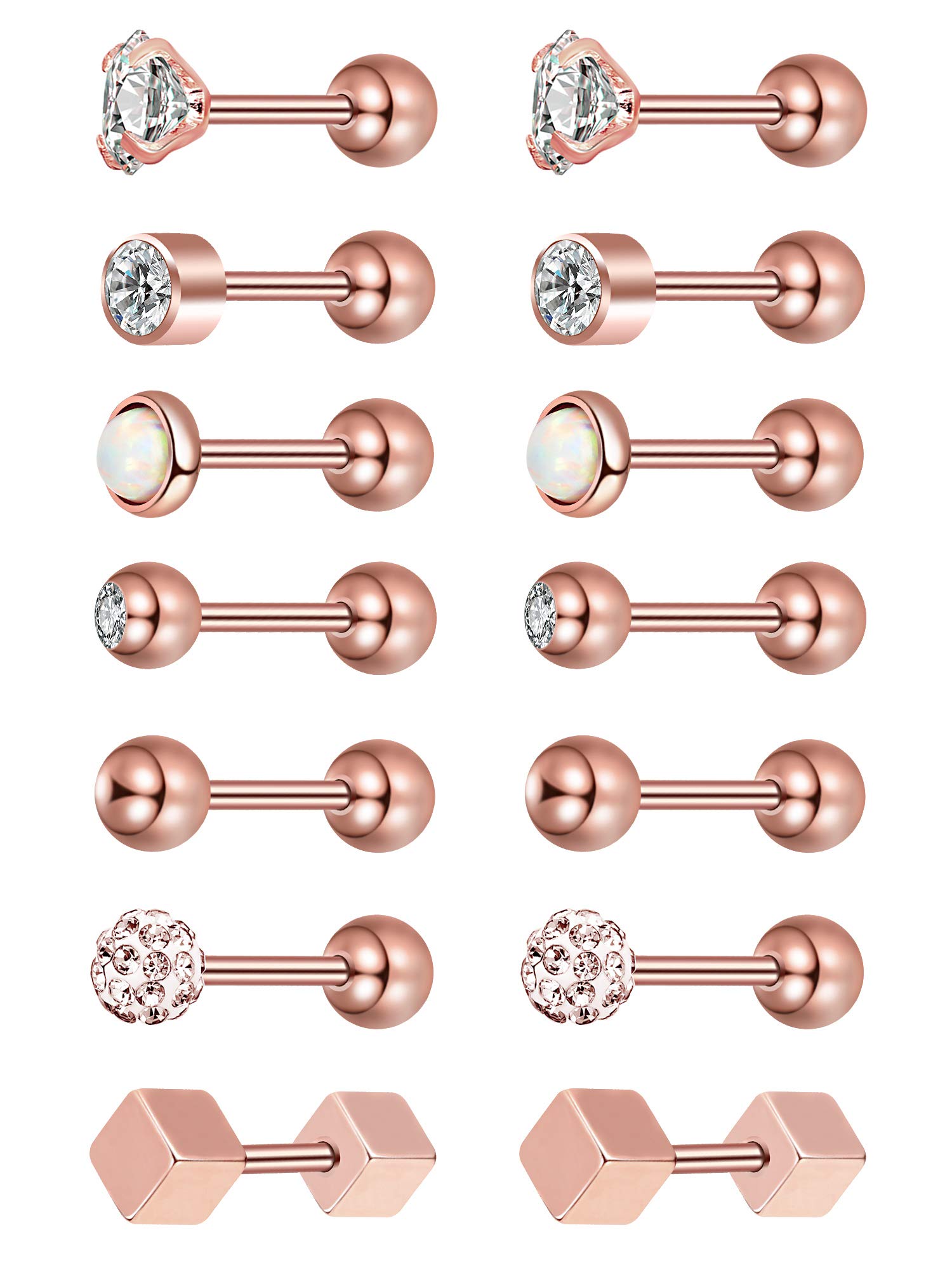 Round Ball Stud Stainless Steel Barbell Earring Set Cartilage Helix Earring Piercings for Tragus Cartilage Ear (Rose Gold 1)