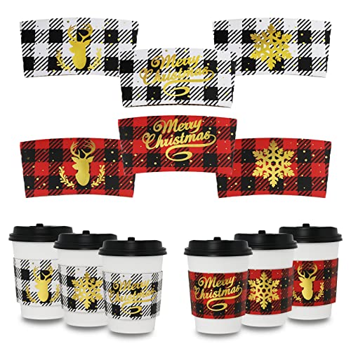Whaline 30Pcs Christmas Coffee Tea Cup Sleeves Bronzing Red Black White Plaid Jacket Sleeves for 12 and 16oz Disposable paper Cup for Hot Chocolate Cocoa Cold Beverage, 6 Design (No Cups Included)