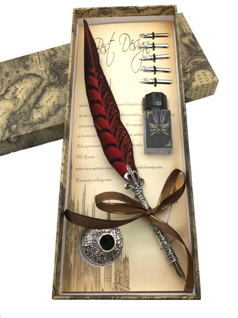 Thyggzjbs Calligraphy Pen Set,Writting Quill Feather Pen,100% Hand Craft, Real Feather and Stainless Steel Nib(Black+Red)