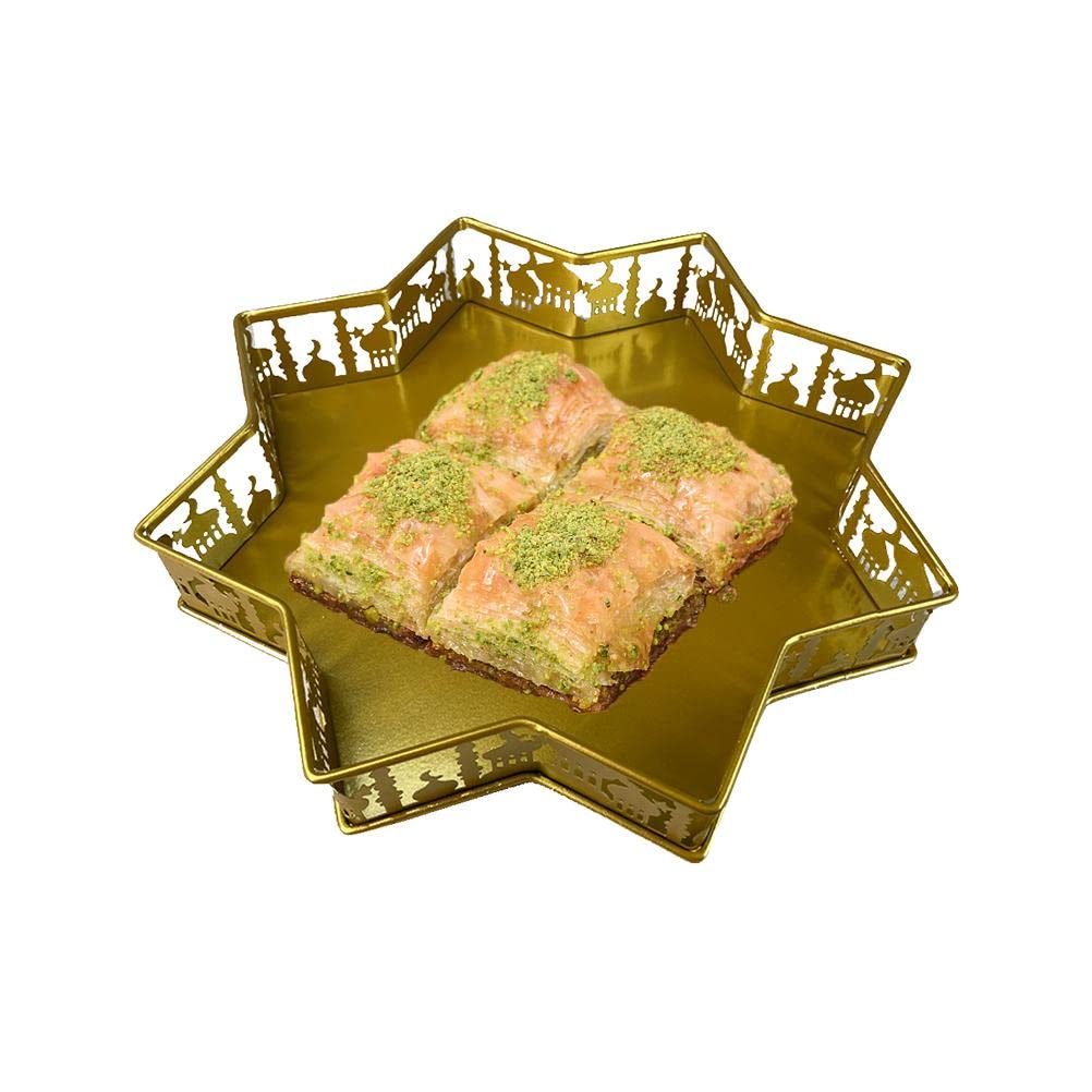 WYHFA Eid Mubarak Plate Iron Serving Tray, Ramadan Food Serving Tray Plate Dessert Pastry Candy DIY Display Tray for Eid Mubarak Party Decoration