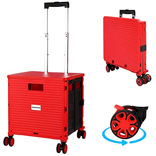 Rolling Cart with Wheels Folding Portable Plastic Crate Foldable Utility Handle Handcart with Lid 4 Wheeled Grocery Storage Heavy Duty Collapsible Mobile Trolley Box for Shopping, Office, Travel