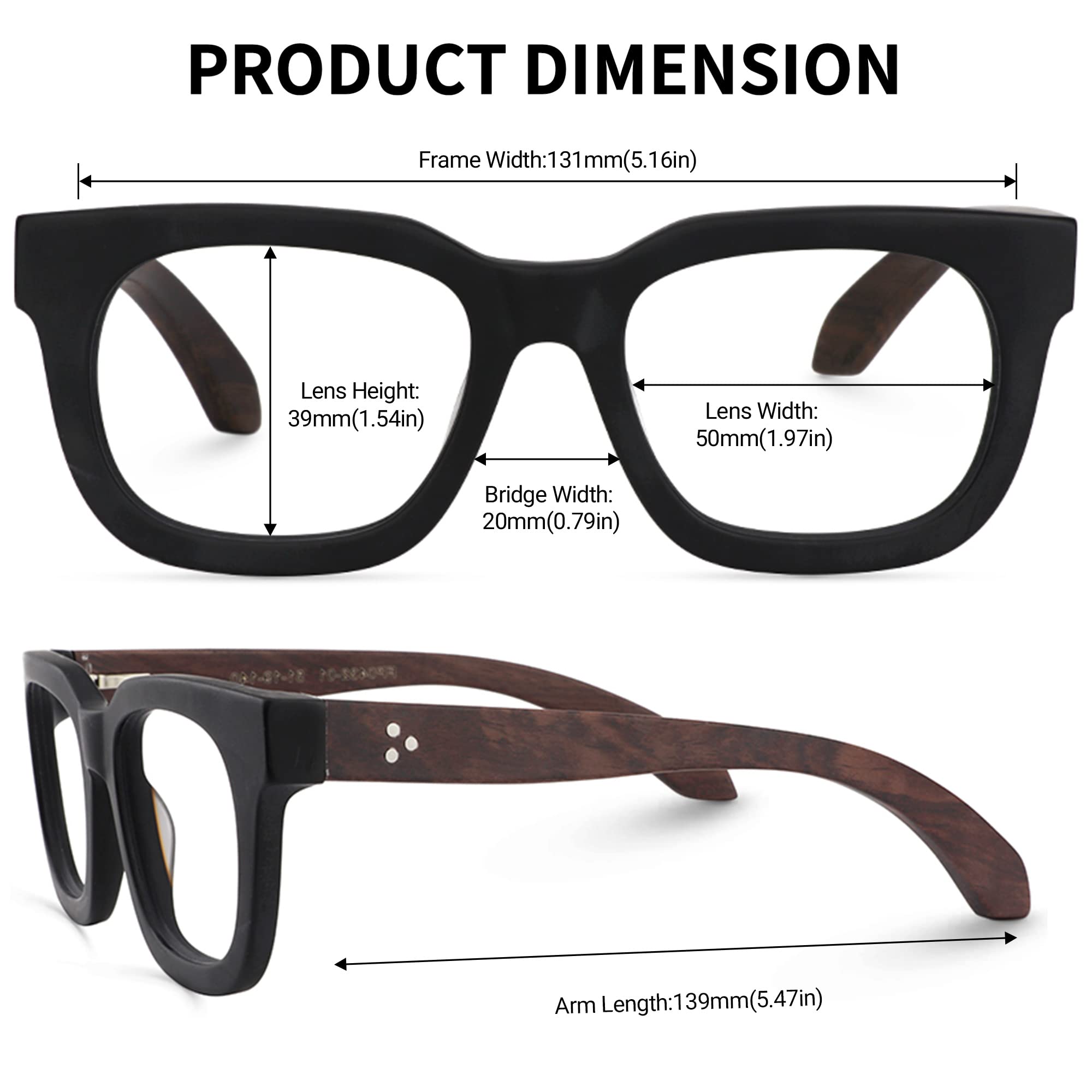 Zeelool Retro Thick Rectangle Glasses Frame for Men, Wood Arm Acetate Frame Rim with Non-prescription Clear Lens Sam FP0432-01 Black