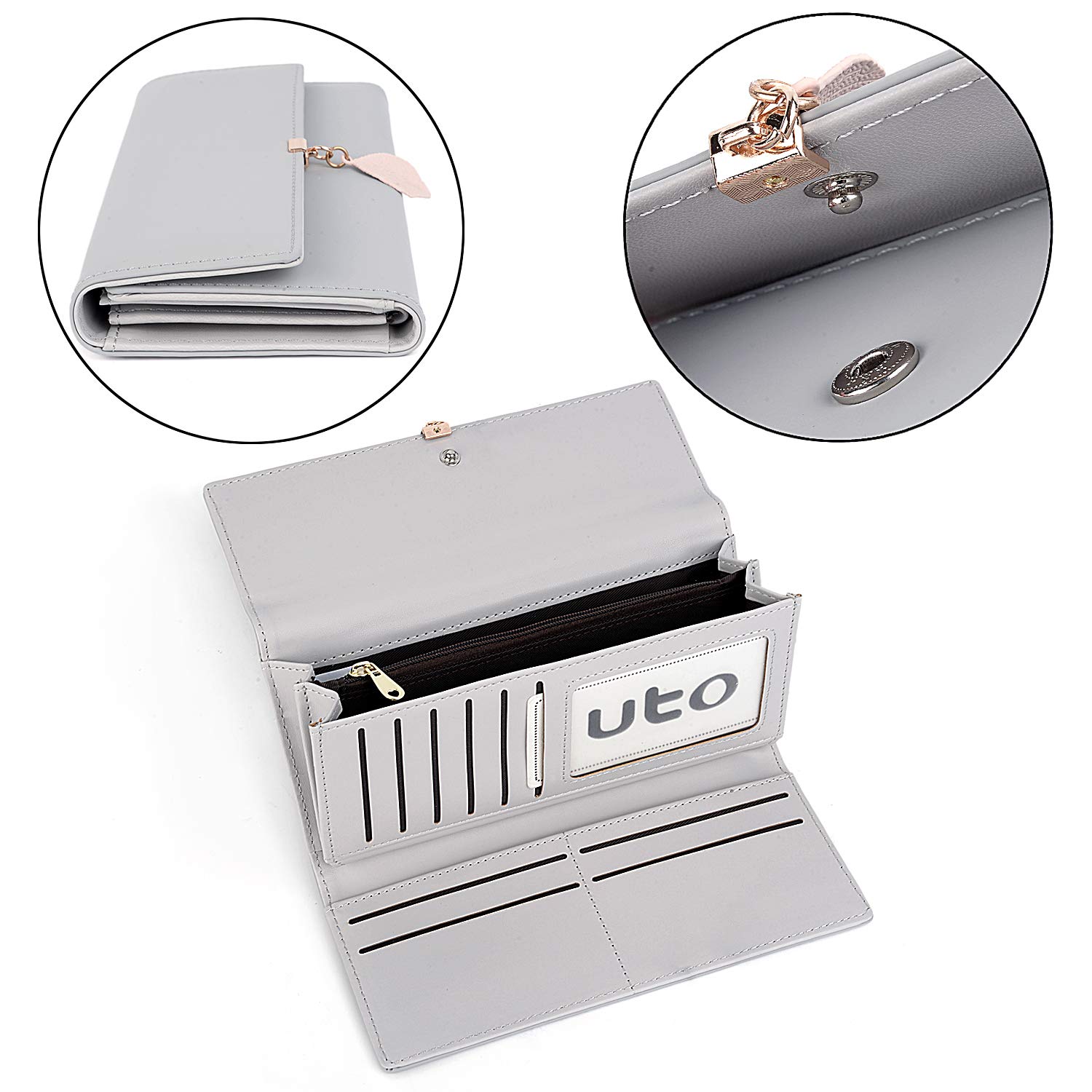 UTO RFID Wallet for Women PU Leather Leaf Pendant Card Holder Phone Checkbook Organizer Zipper Coin Purse Ace Large Grey