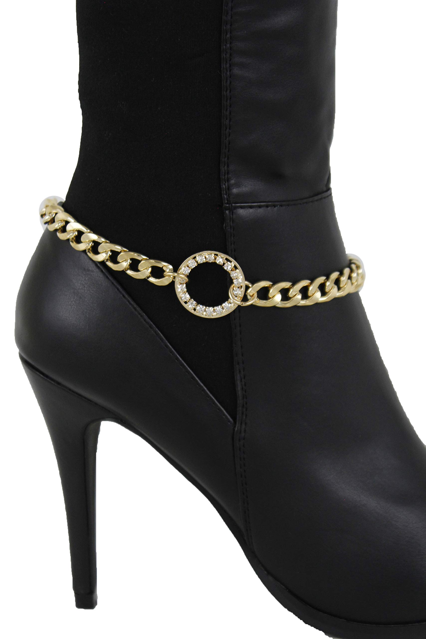 Women Western Fashion Anklet Boot Chains Bracelet Gold Metal Bling Ring Beads Round Shoe Charm