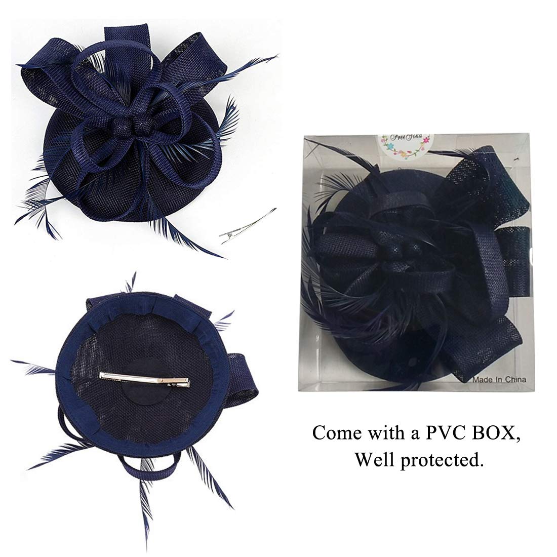 Sinamay Feather Fascinators Womens Pillbox Flower Derby Hat for Cocktail Ball Wedding Church Tea Party Navy Blue