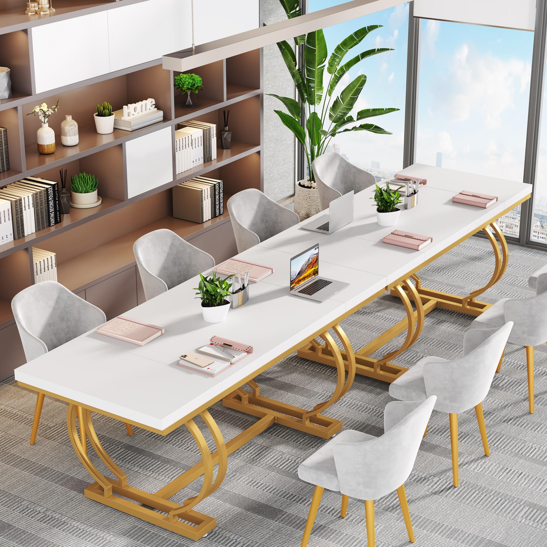Tribesigns 70.9" Executive Desk, Large Modern Office Desk Computer Desk with Gold Metal Frame, Conference Table Meeting Room Table for Home Office, White and Gold