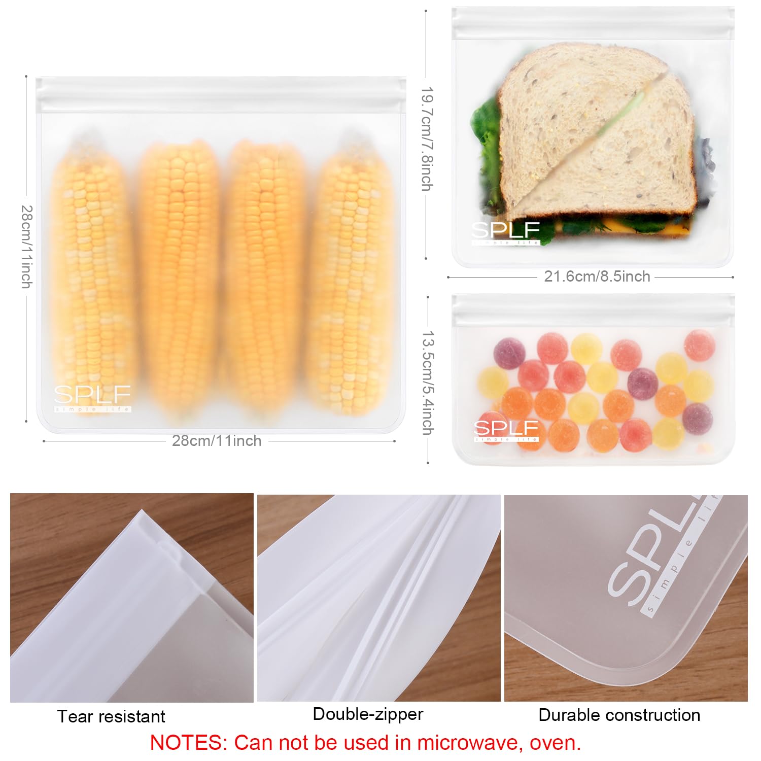 SPLF 10 Pack Dishwasher Safe Reusable Sandwich Bags, Reusable Storage Bags, BPA Free Quart Freezer Bags Leakproof Silicone and Plastic Free Lunch Bags Food Storage