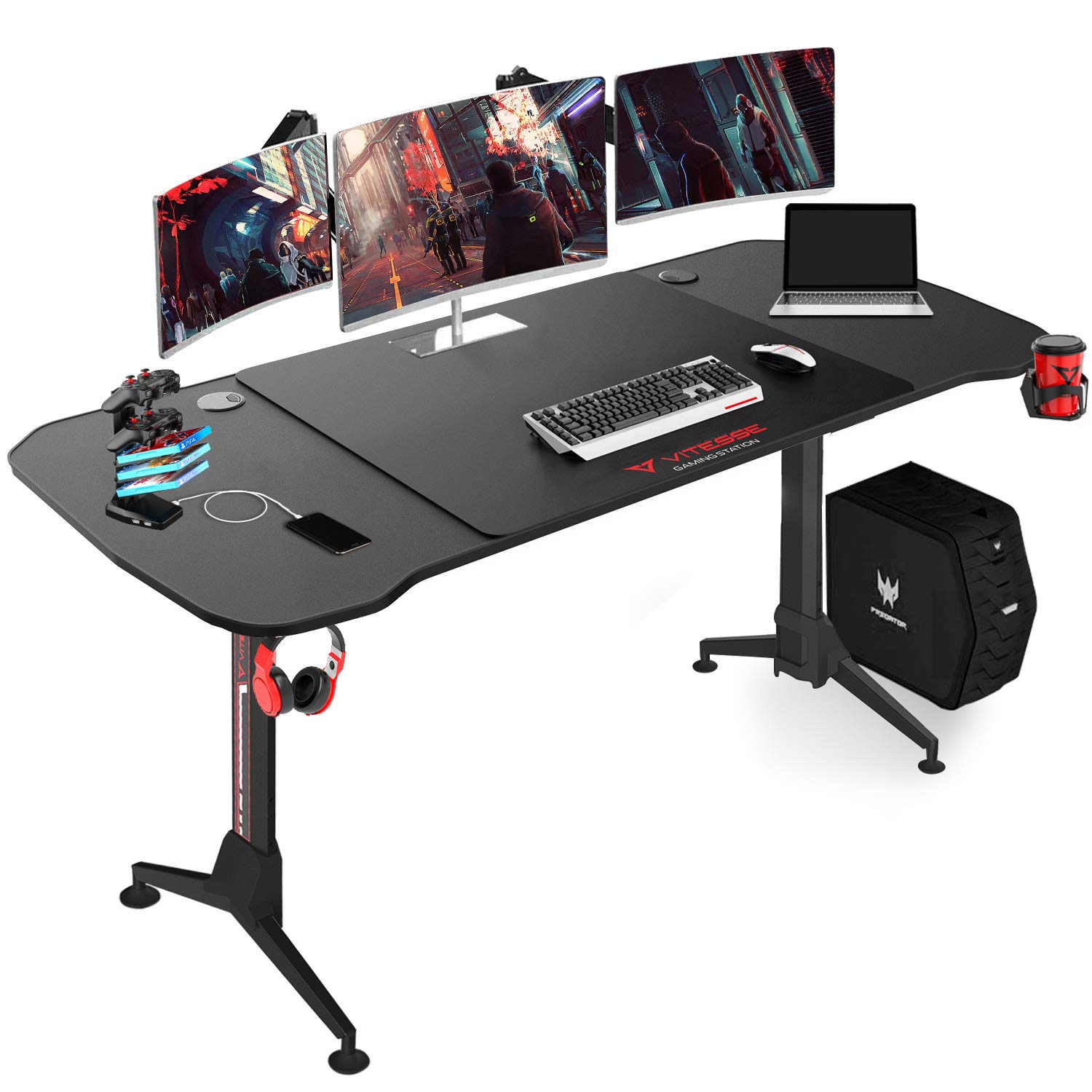 VIT 63 Inch Ergonomic Gaming Desk, T Shaped Office PC Computer Desk with Full Desk Mouse Pad, Gamer Tables Pro with USB Gaming Handle Rack, Stand Cup Holder&Headphone Hook, Carbon Black