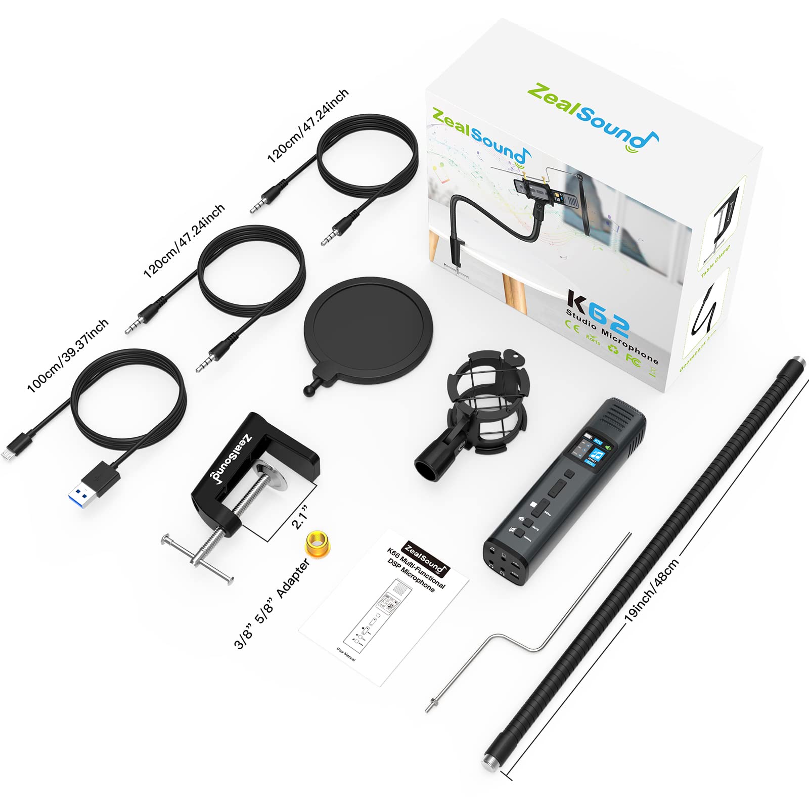 ZealSound Studio Microphone, Condenser Recording Microphone for Phone & Computer Mac Tablet, Metal DJ Mixer Mic with Gooseneck Arm Clamp Mount for Singing Podcasting Streaming YouTube TikTok Videos