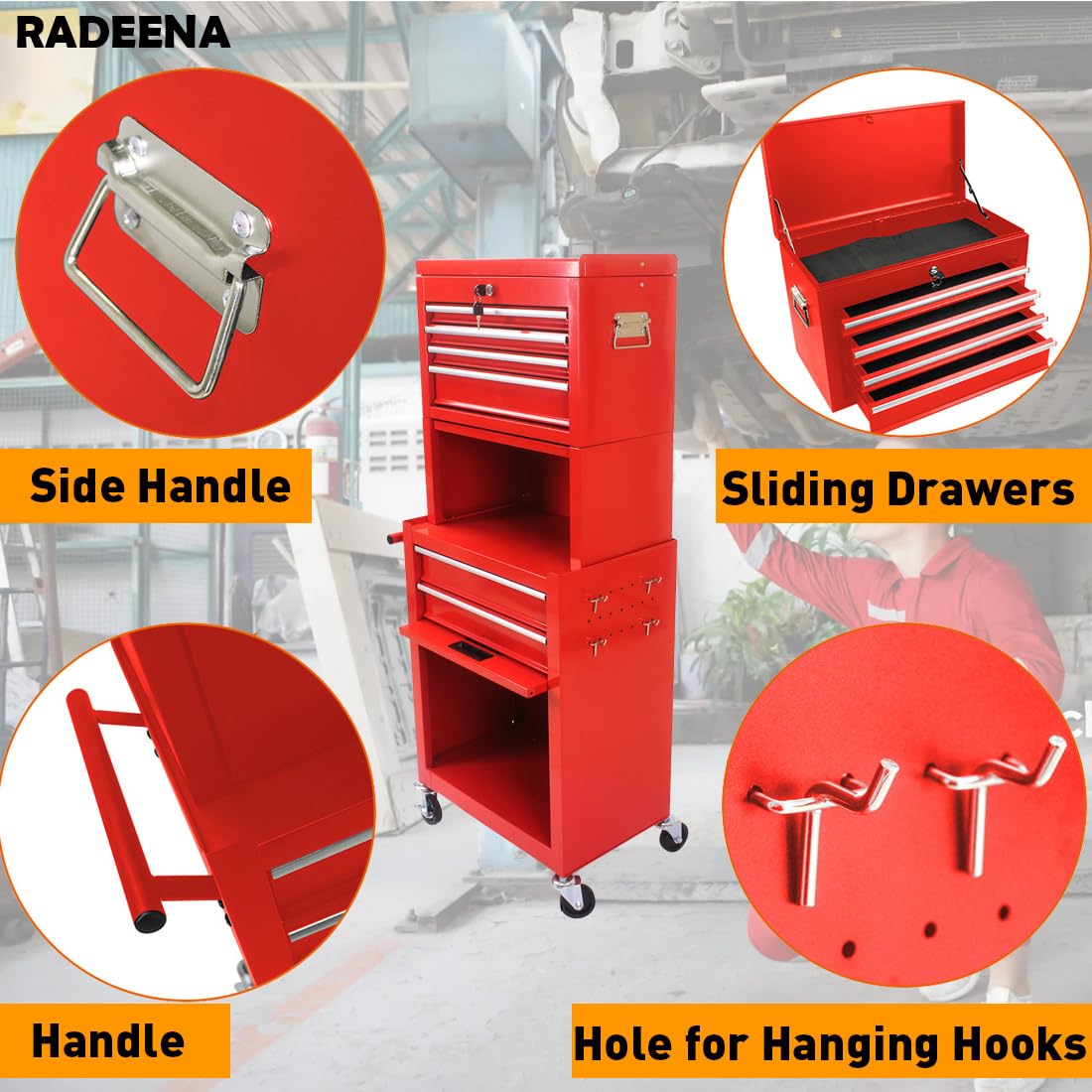 Rolling Tool Chest High Capacity Tool Storage 9 Drawers 3 in 1 Cabinets Mechanic Tool Cart with Auto Locking System Tool Box Organizer Lockable Wheels Detachable Top for Workshop (RED)