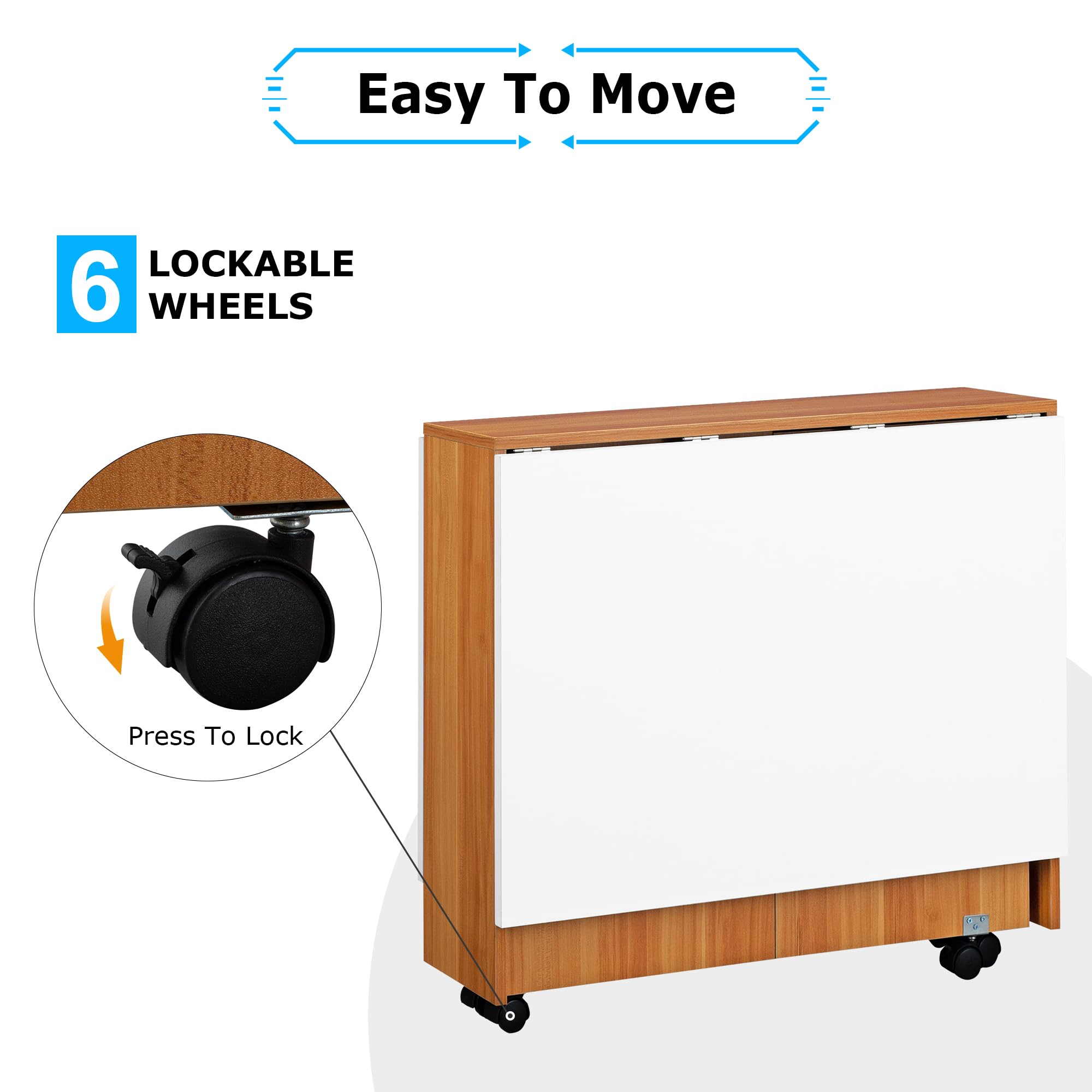 WelFurGeer Folding Dining Table with 6 Wheels, Folded Table with 2-Layer Storage Shelf, Gateleg Table, Kitchen & Dining Room Tables, Folding Table for Kitchen, Living Room