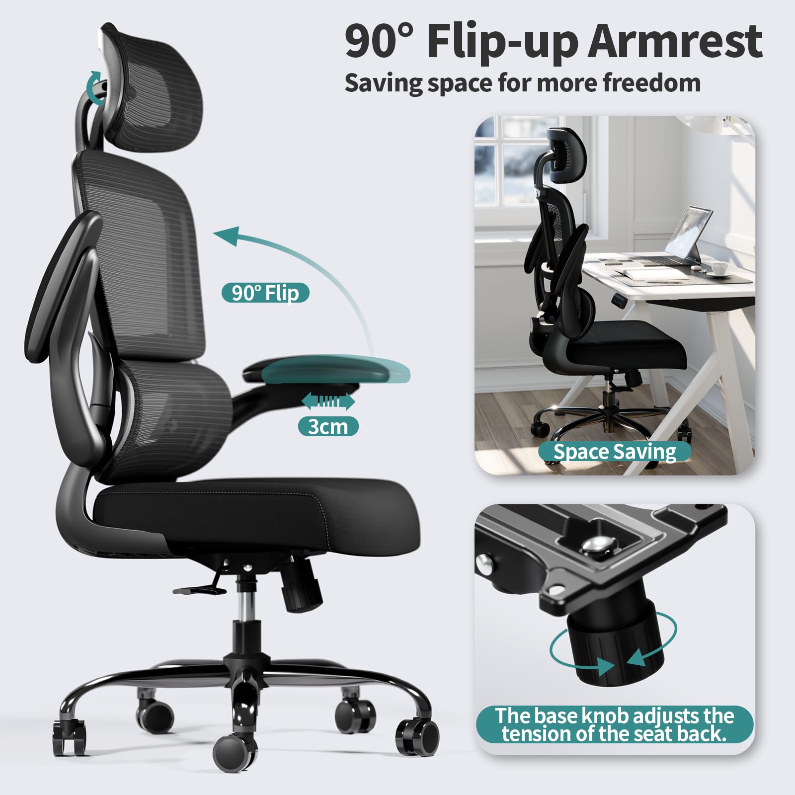 TRALT Office Chair Ergonomic Desk Chair, 330 LBS Home Mesh Office Desk Chairs with Wheels, Comfortable Gaming Chair, High Back Office Chair for Long Hours, Office Chair for Study and Work (Black)