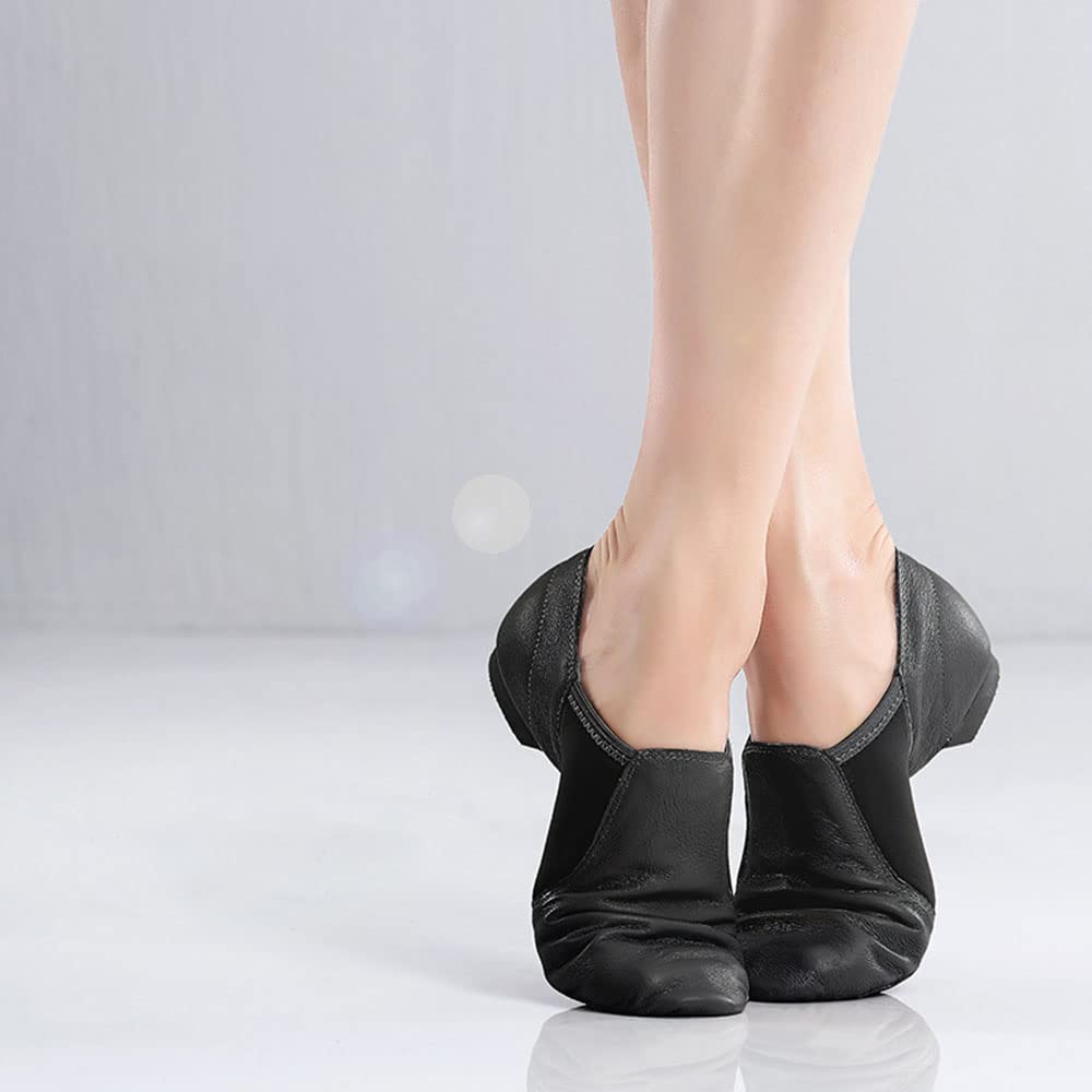 Women Leather Jazz Dance Dhoes Girls Dancing Ankle Boots Slip On Jazz Shoe(Black,US 7.5)