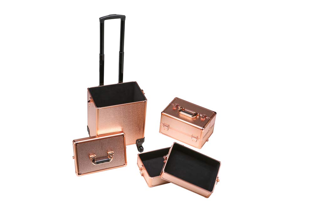 Rolling Train Case 5-in-1 Portable Makeup Train Case Professional Cosmetic Organizer Makeup Traveling case Trolley Cart Trunk (Rose Gold)