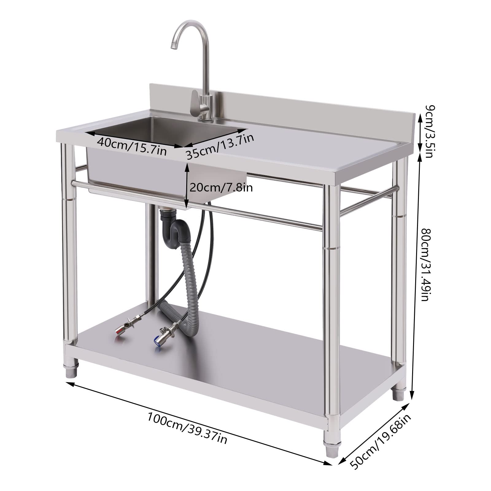 Stainless Steel Sink, Free Standing Single Bowl Commercial Kitchen Sink Kitchen Sink with Faucet & Shelf Kitchen Prep Outdoor Unity Sink for a Laundry Room Garage 31.5β x 39.37β x 19.68β