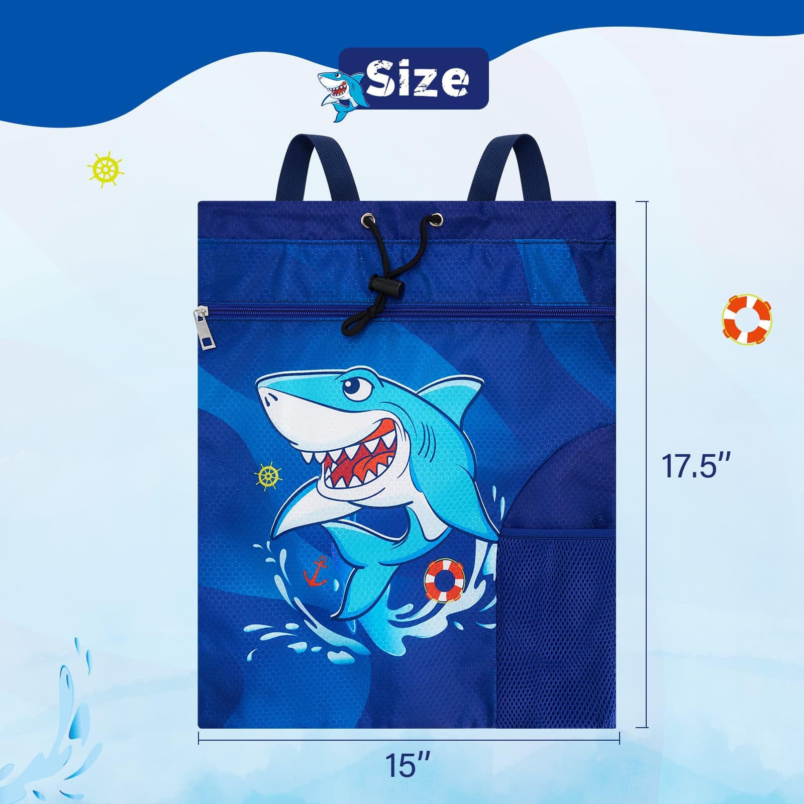 WAWSAM Shark Gym Drawstring Backpack - 15β x 17β Sports Gym Bag Drawstring Bag for Boys Kids Waterproof String Backpack for Beach Swim Travel Yoga Gift with Zipper Pocket and Water Bottle Pocket