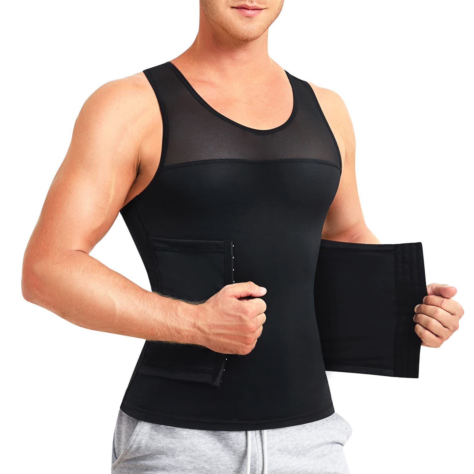 Wonderience Compression Shirts for Men Slimming Body Shaper Waist Trainer Tank Top Vest with Hooks(Black,2X-Large)