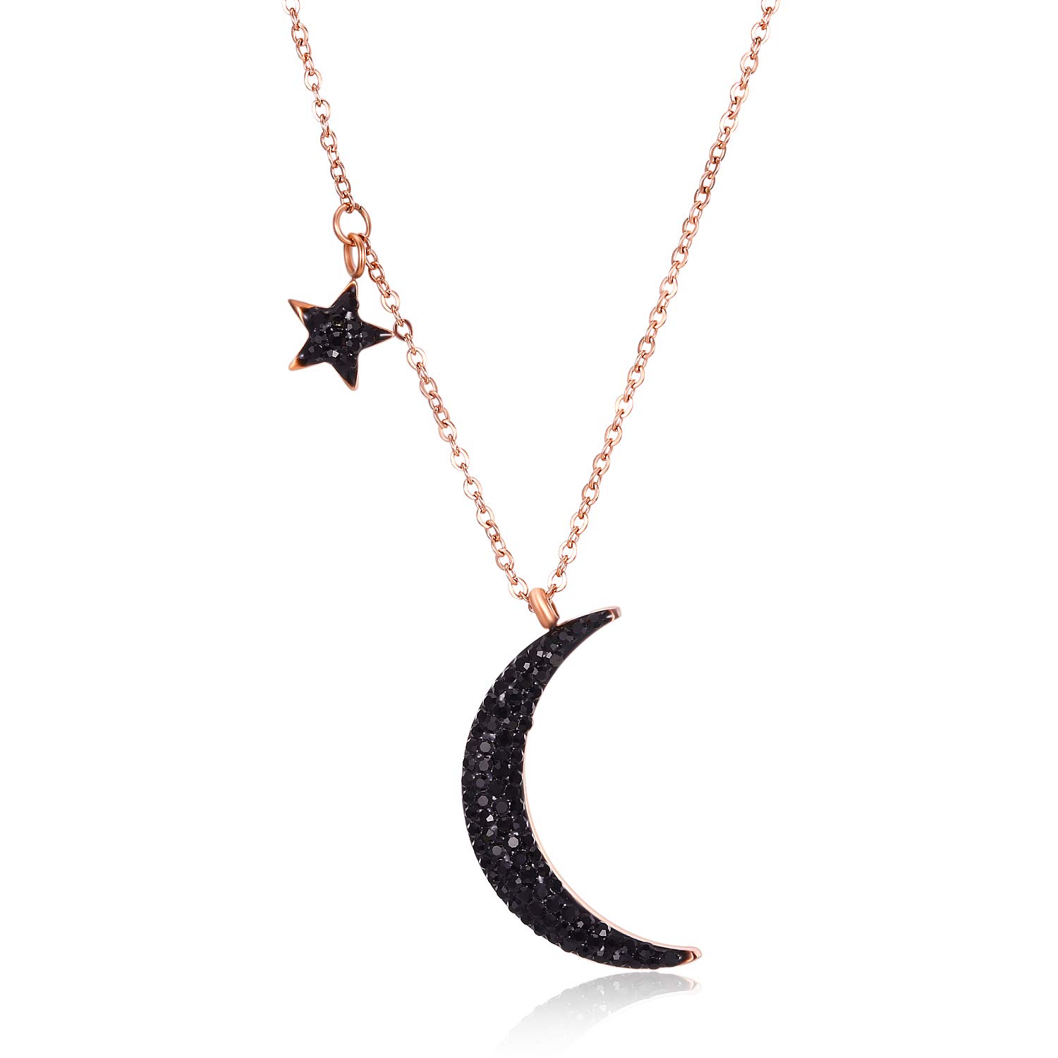 TEMICO Rose Gold Plated Stainless Steel Black Crystal Cubic Zirconia Star Moon Crescent Pendant Necklace for Women