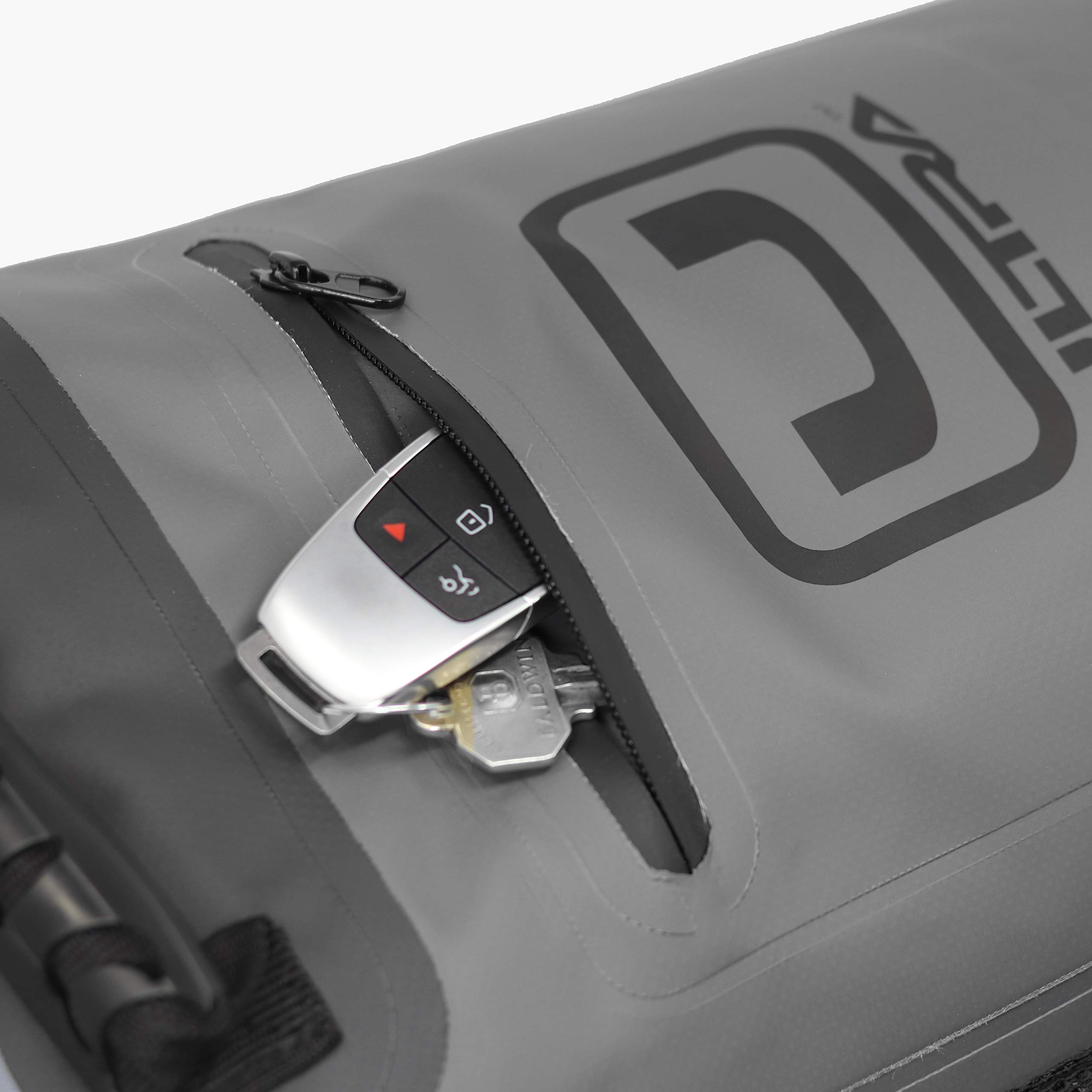 Ultra Waterproof Dry Bag with Easy Access Front Zippered Pocket, Side Pocket, Padded Shoulder Straps, and Grab Handle for All Water Sports, Includes IPX8 Waterproof Cellphone Case Pak (Gray, 40L)
