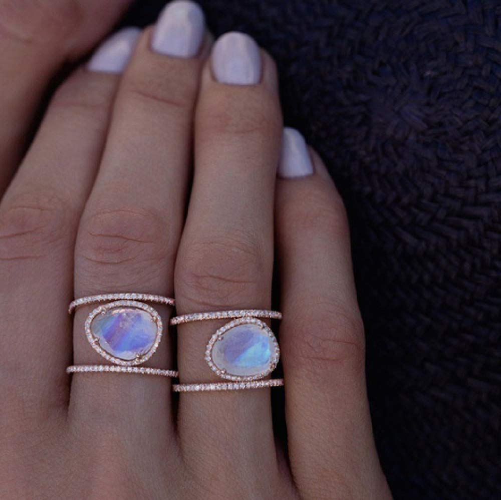 Weishu New Irregular Natural Moonstone Ring Plated in 14k Rose Gold Yellow Gold White Gold Micro-Inset Finger Ring (US Code 10)