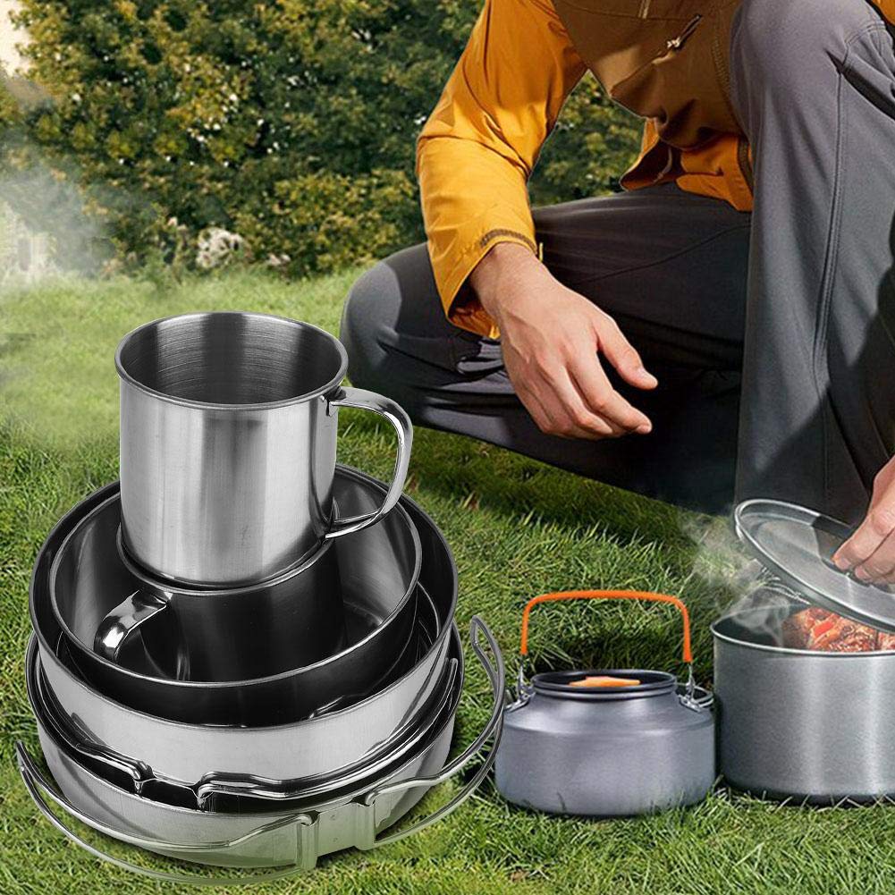 VGEBY1 Folding Pot Set, 8 Pcs/Set Portable Folding Stainless Steel Camping Cookware BBQ Bowl Set for Outdoor Activities Camping Hiking