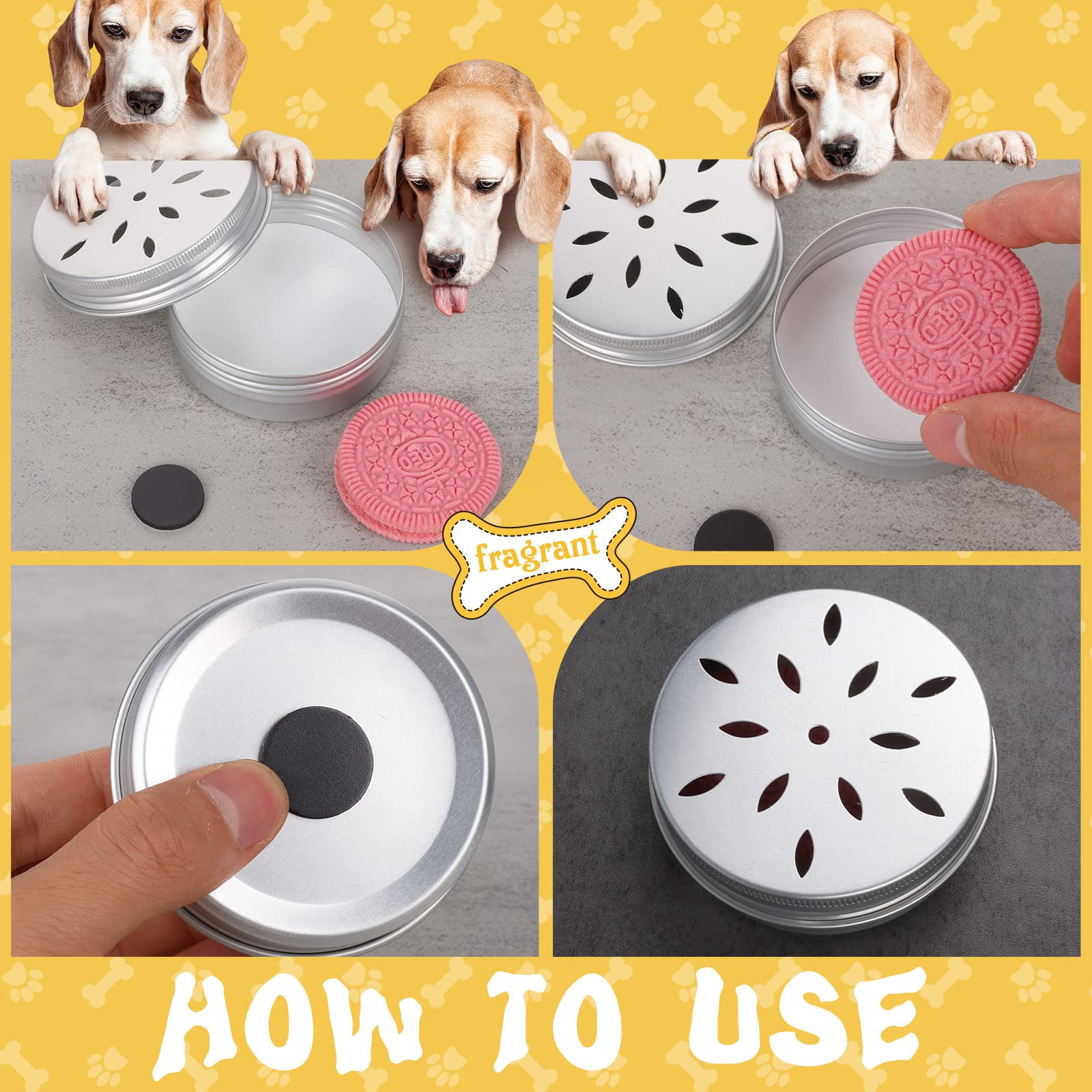 VAIPI 20 Pack Dog Scent Work Tins Dog Nose Training Containers Kit with 50 Magnetic Dots 2 OZ Aluminum Smell Training Box with Hollow Lids Round Refrigerator Deodorant Box with Screw Lid