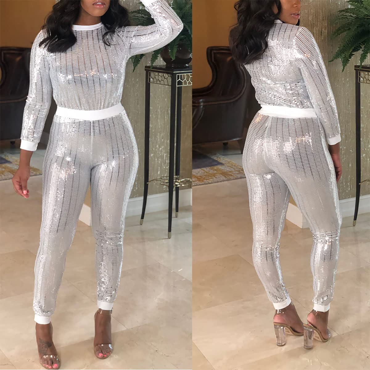 WOKANSE Women's Sequin Glitter Long Sleeve Sweatshirts and Skinny Long Pants Two Piece Outfits White M