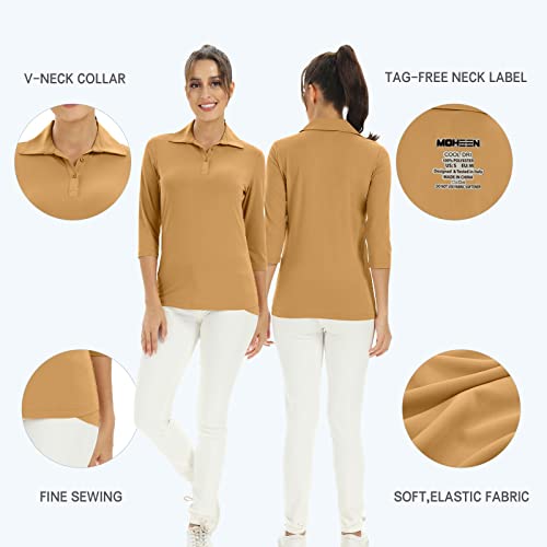Women's Golf Polo Shirts 3/4 Sleeve Blouses Moisture Wicking Golf Apparel Lady Golf Tops (Bone brown L)