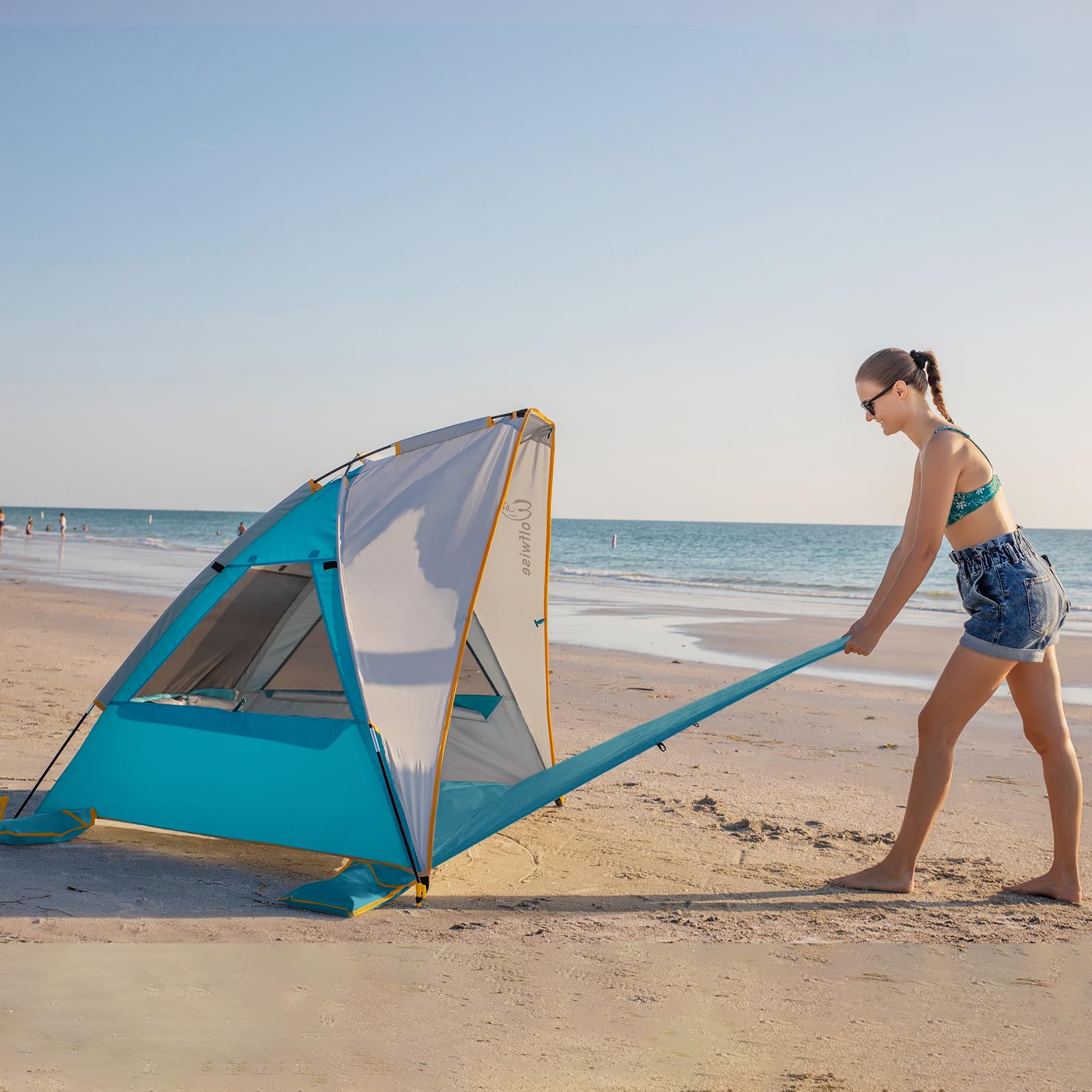 WolfWise 2-3 Person Portable Beach Tent UPF 50+ Sun Shade Canopy Umbrella with Extendable Floor, Blue